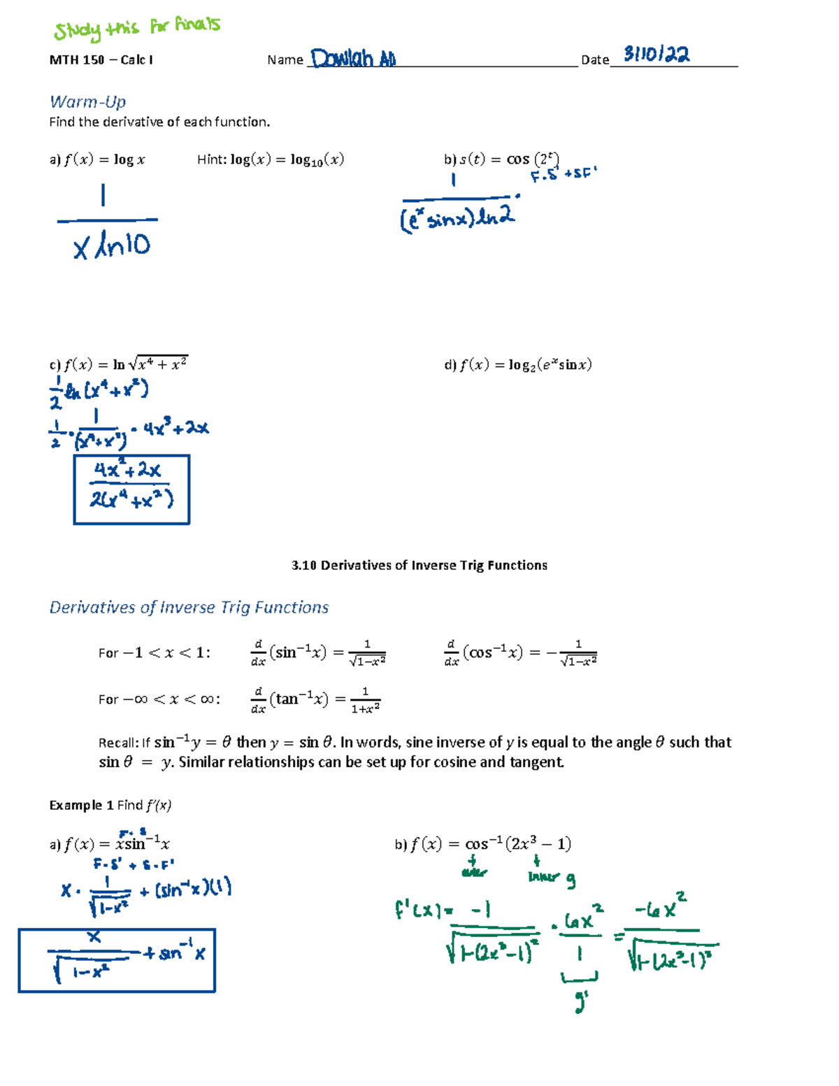 310 Derivatives Of Inverse Trig Functions Mth 150 Calc I Name