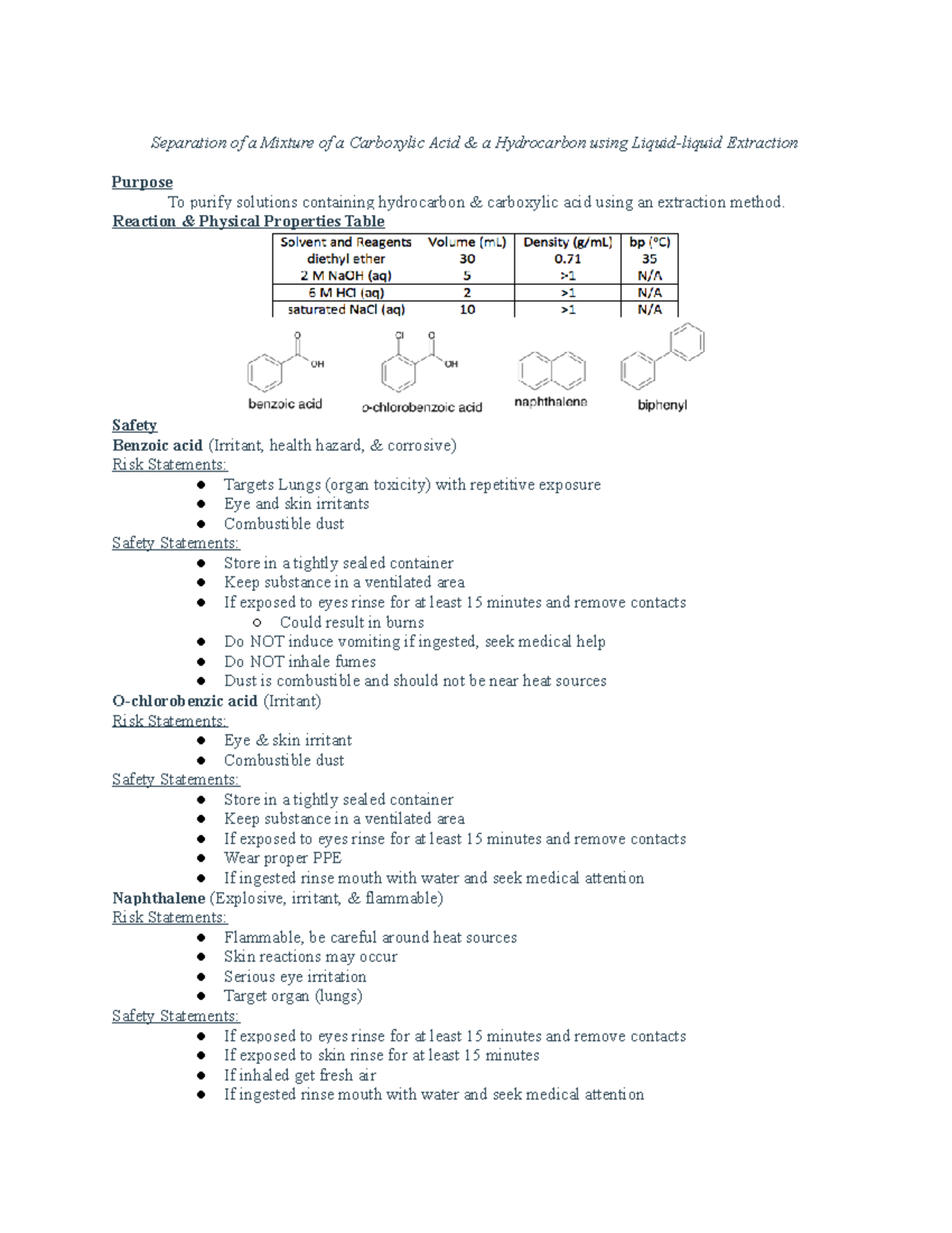 Experiment 2 Lab Report Separation Of A Mixture Of A Carboxylic