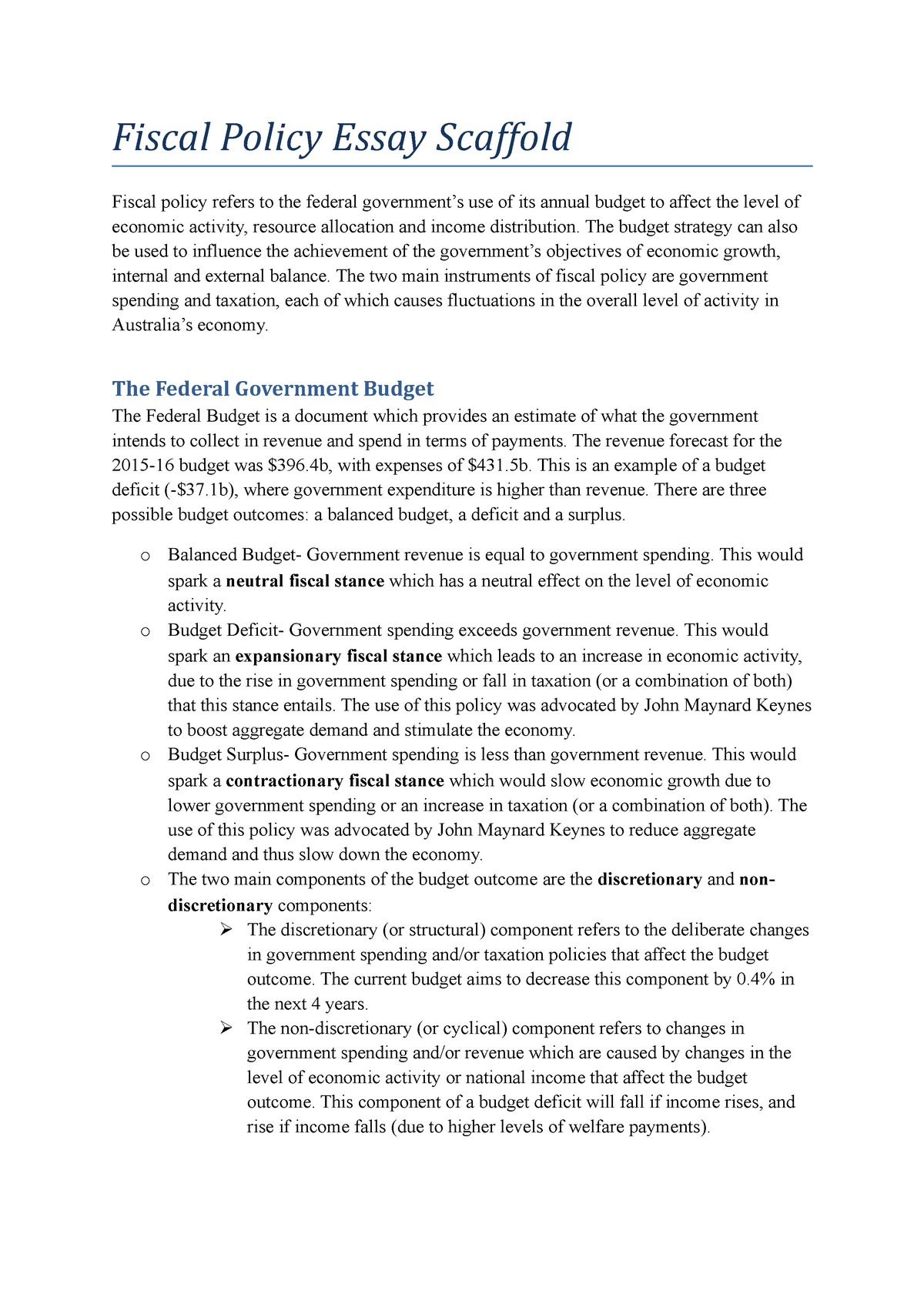 Essay 19 Grade 12 Fiscal Policy Essay Scaffold Fiscal Policy