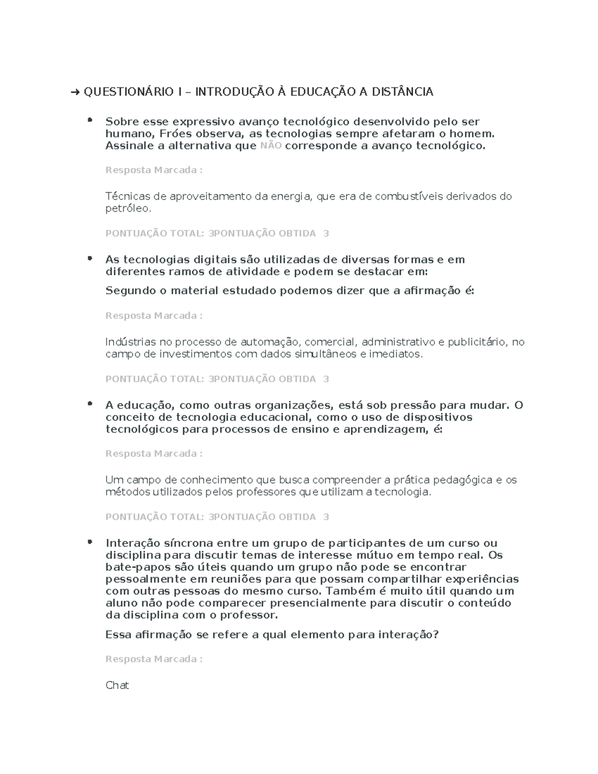 Questionário I Introdução À Educação A Distância QuestionÁrio I