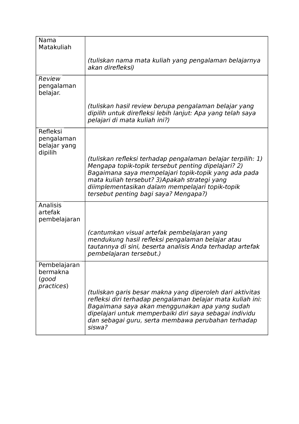 Jurnal Refleksi Nama Matakuliah Tuliskan Nama Mata Kuliah Yang