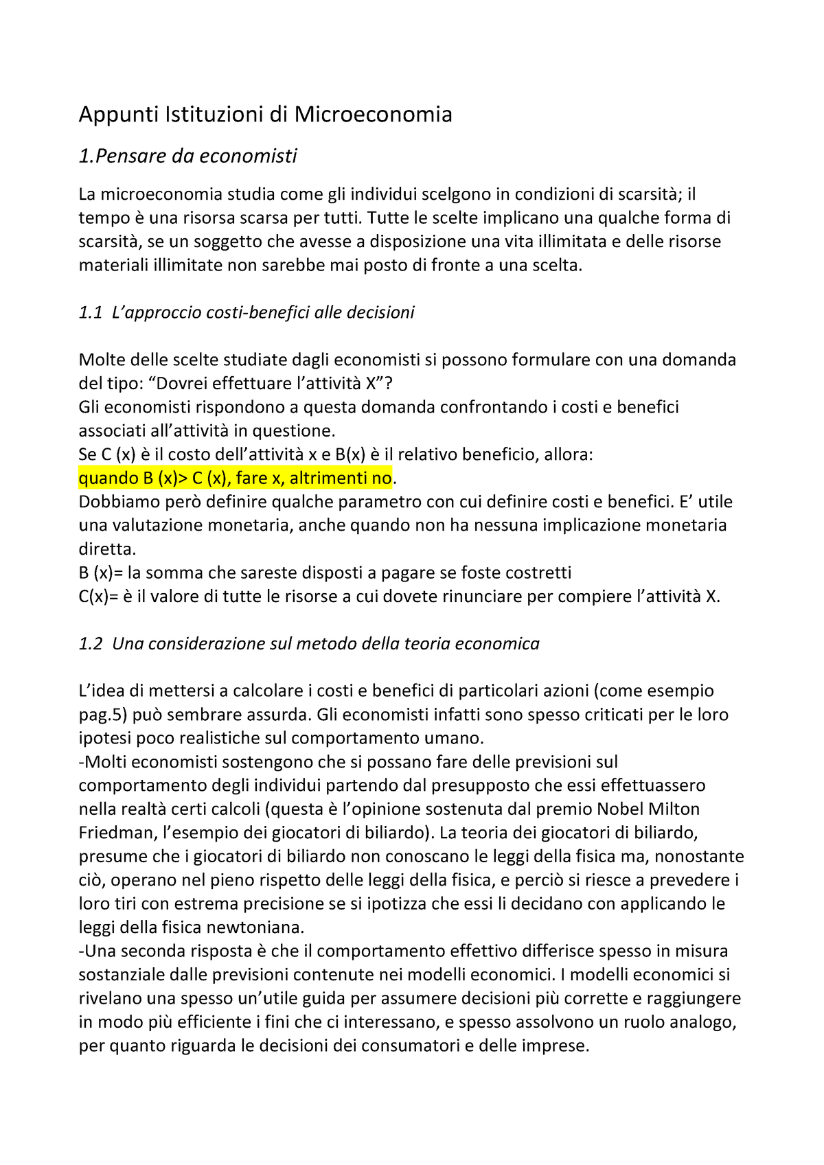 Appunti Istituzioni Di Microeconomia Prima E Seconda Lezione Appunti