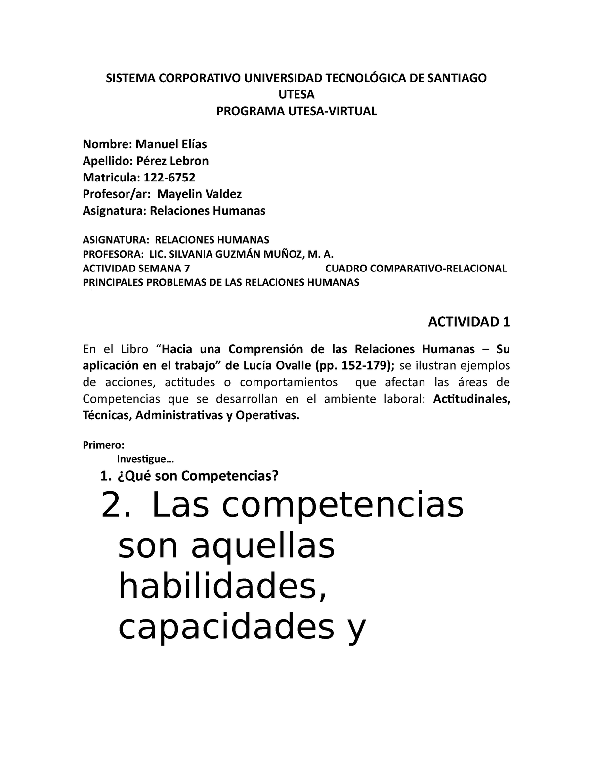 Cuadro Comparativo Relacional Semana 7 1 Relaciones Humanas