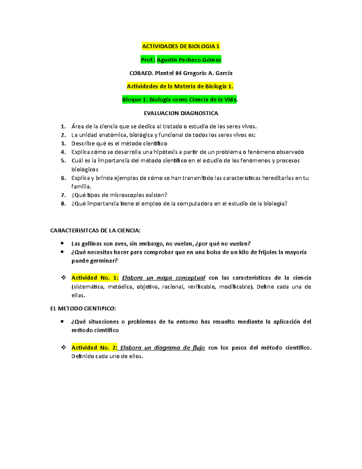 Actividades De Biología 1 Bloque 1 Biología Como Ciencia De La Vida