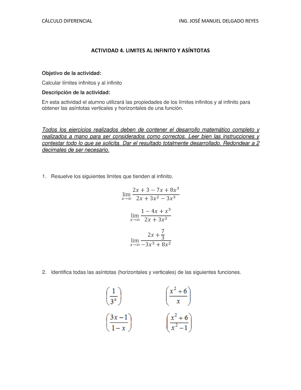 Actividad 4 Limites Al Infinito Y Asíntotas Calculo Diferencial