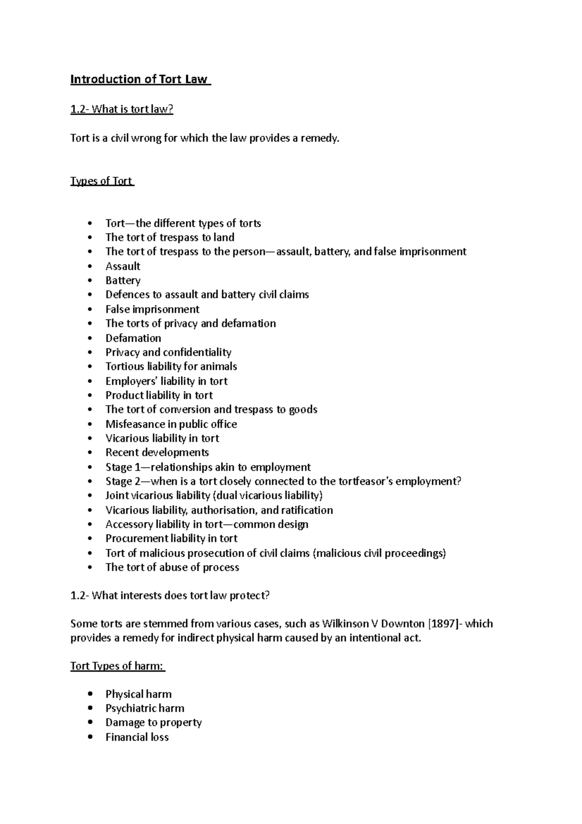 Tort Notes Unit 1 This Is A Introduction To The Law Of Tort What Is