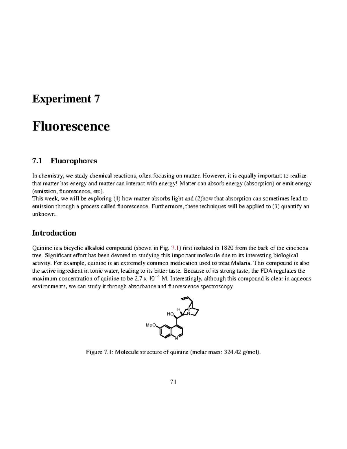 Chem1225 Exp7 Fluor Lab Manual Experiment 7 Fluorescence 7