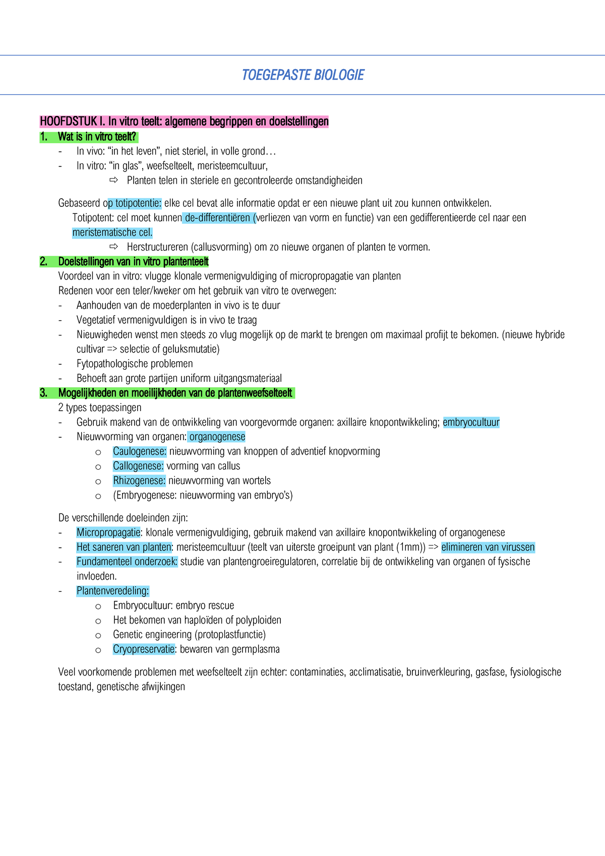 Toegepaste Biologie Toegepaste Biologie Hoofdstuk I In Vitro Teelt