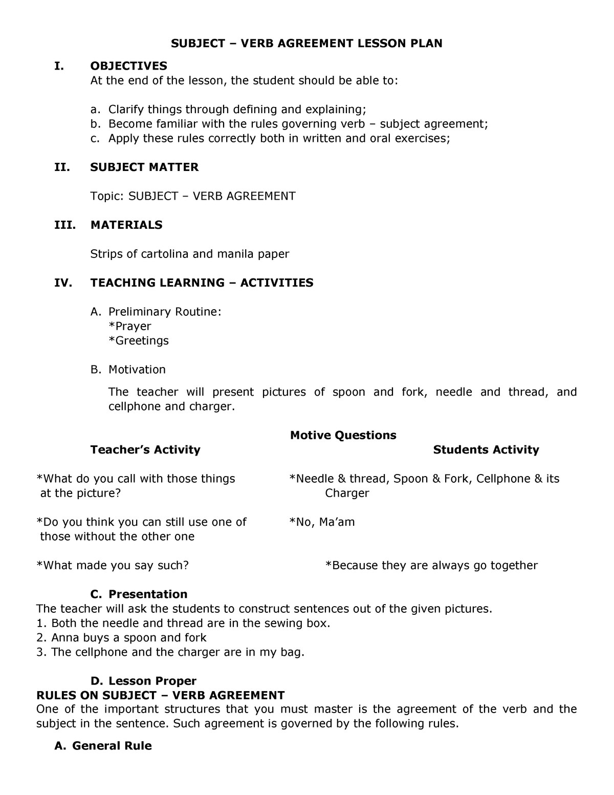 A Detailed Lesson Plan In English Grade9 Lesson Plan Verb