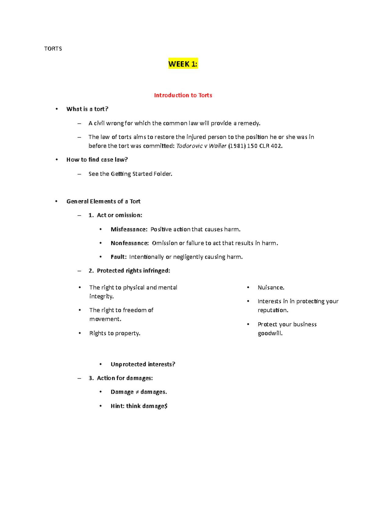 Torts 1 Torts Week 1 Introduction To Torts What Is A Tort A Civil