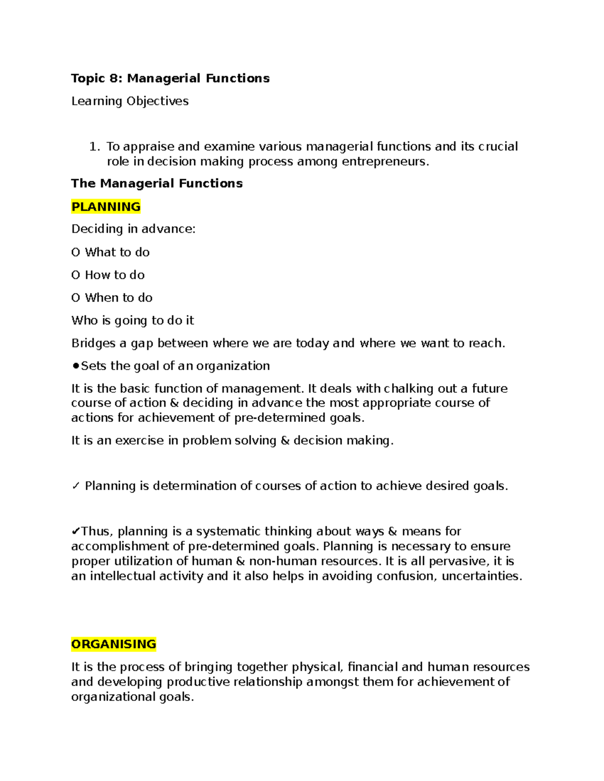 Entrepreneurship Managerial Functions Topic 8 Managerial Functions