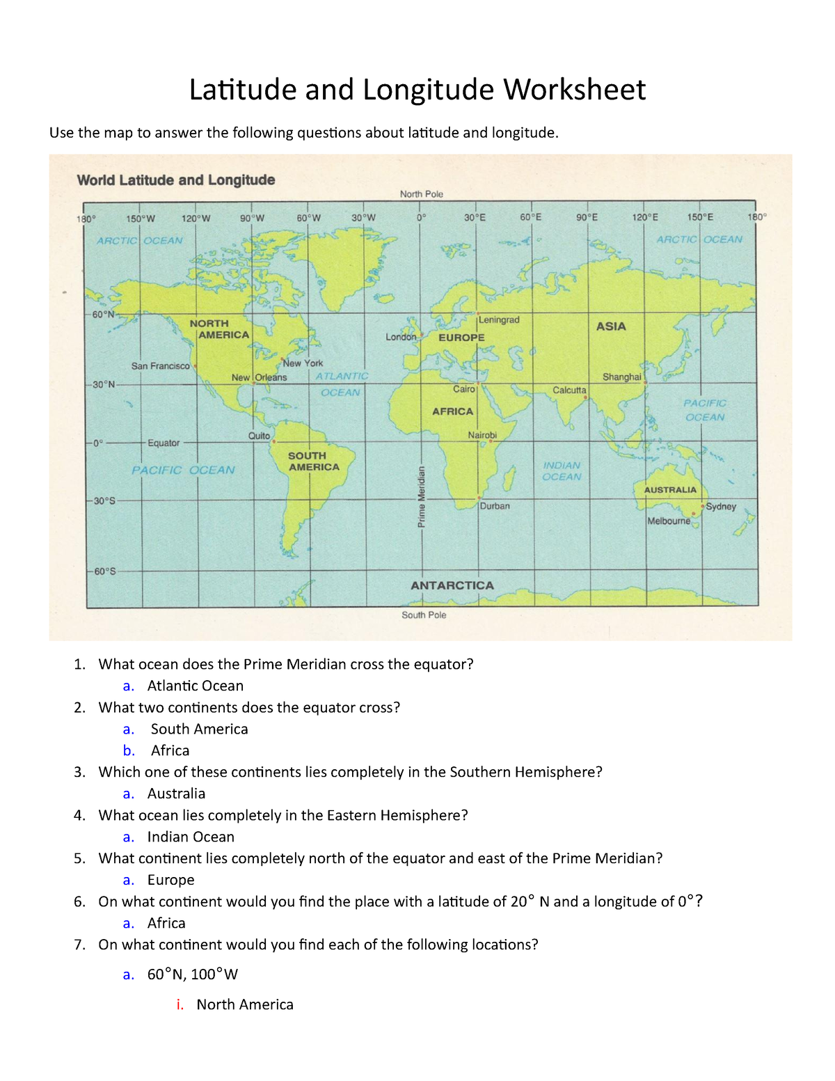Basic Map Skills Latitude And Longitude Worksheet Use The Map To