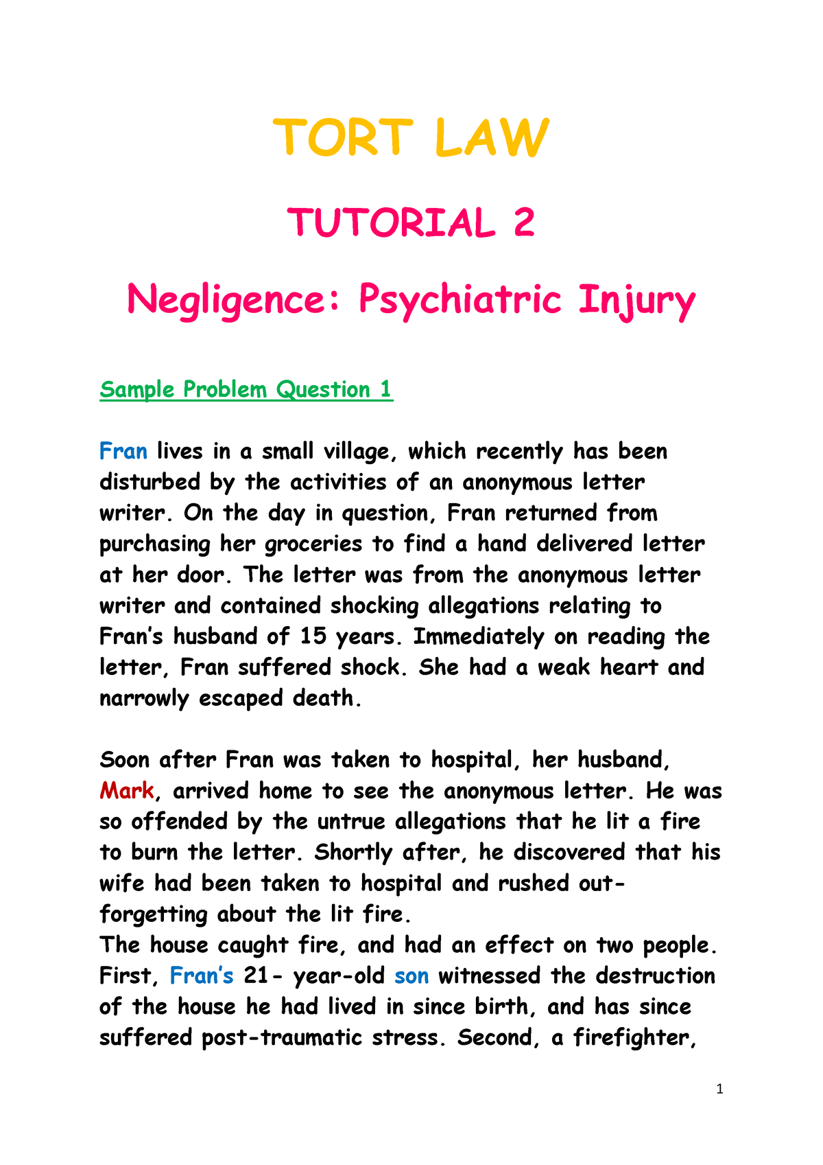 Answer Guide Psychiatric Injury Question 1 Tort Law Tutorial 2