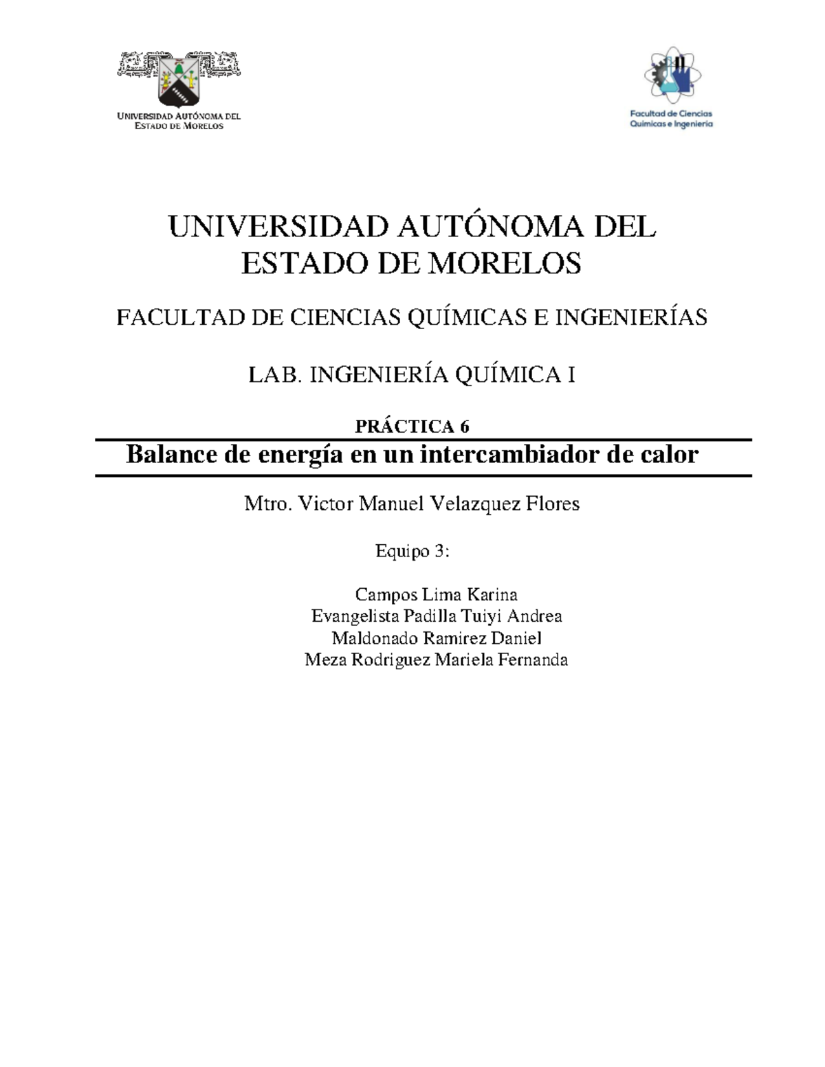 Reporte De Laboratorio Balance De Energía Intercambiador De Calor