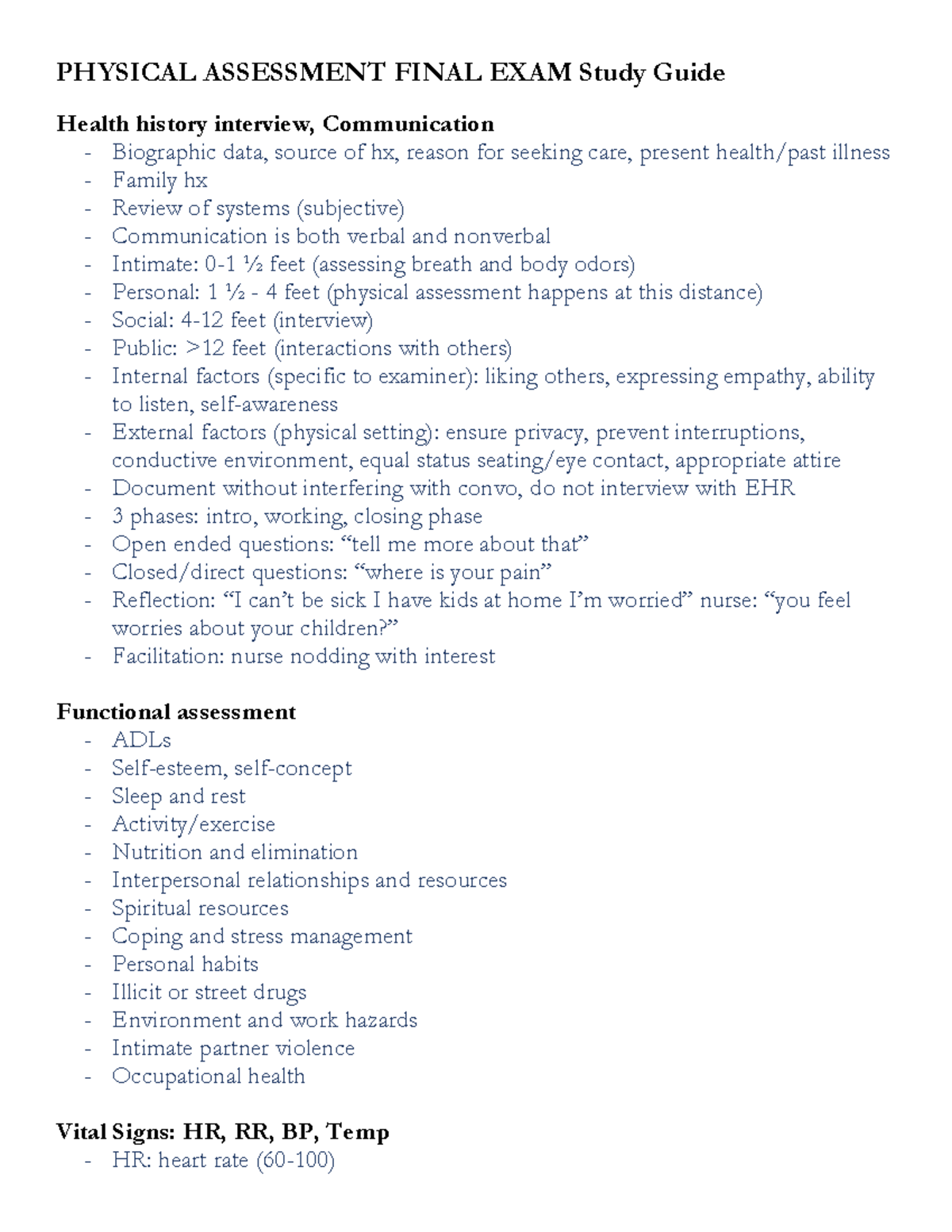 Physicial Assessment Final Exam Study Guide Physical Assessment Final