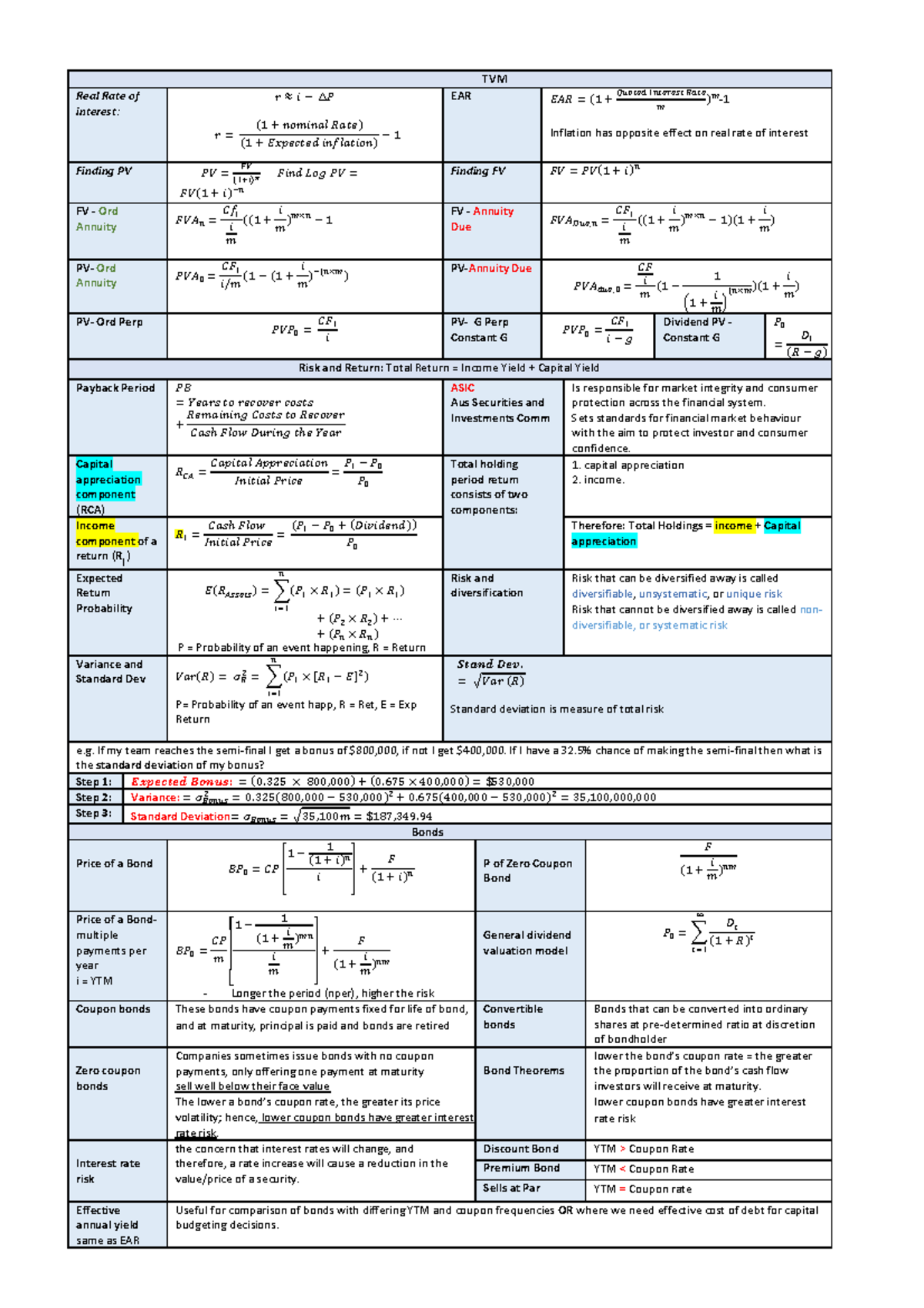 Asct101 Formula Sheet Warning Tt Undefined Function 32 Warning Tt