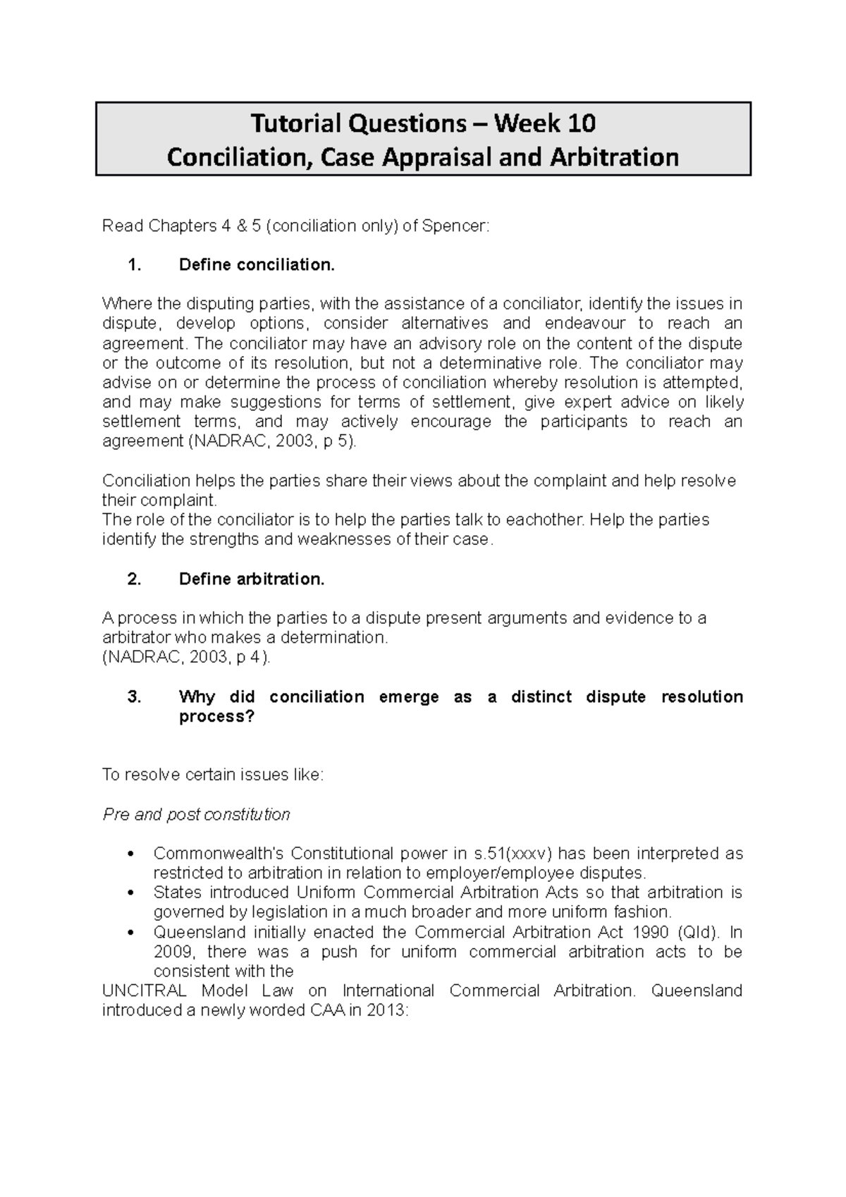 Llb103 Week 10 Tutorial Tutorial Questions Week 10 Conciliation