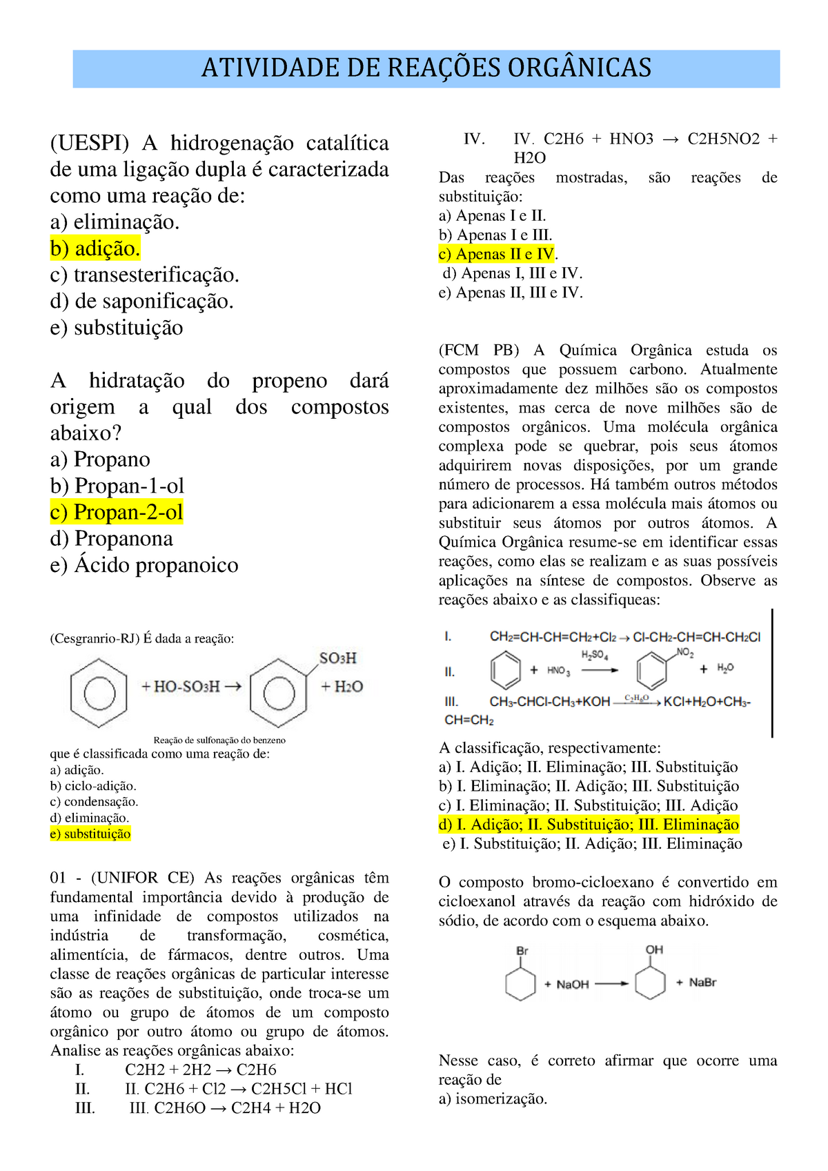 Tipos De Reações Químicas Exercícios