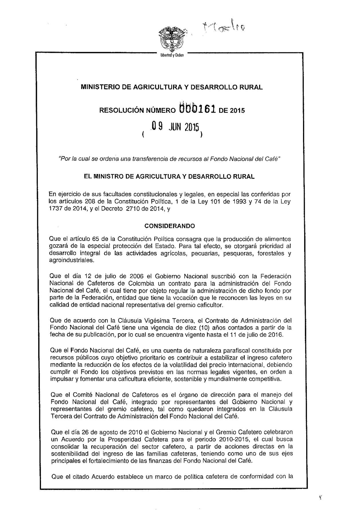 Resolucion No 000161 De 2015 Fondo Nacional Del Café Derecho Público