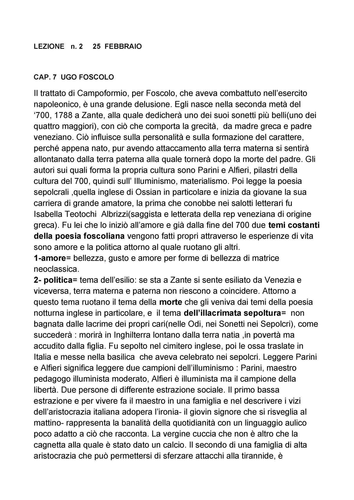 Lezione Letteratura Lezione N 2 25 Febbraio Cap 7 Ugo Foscolo Il