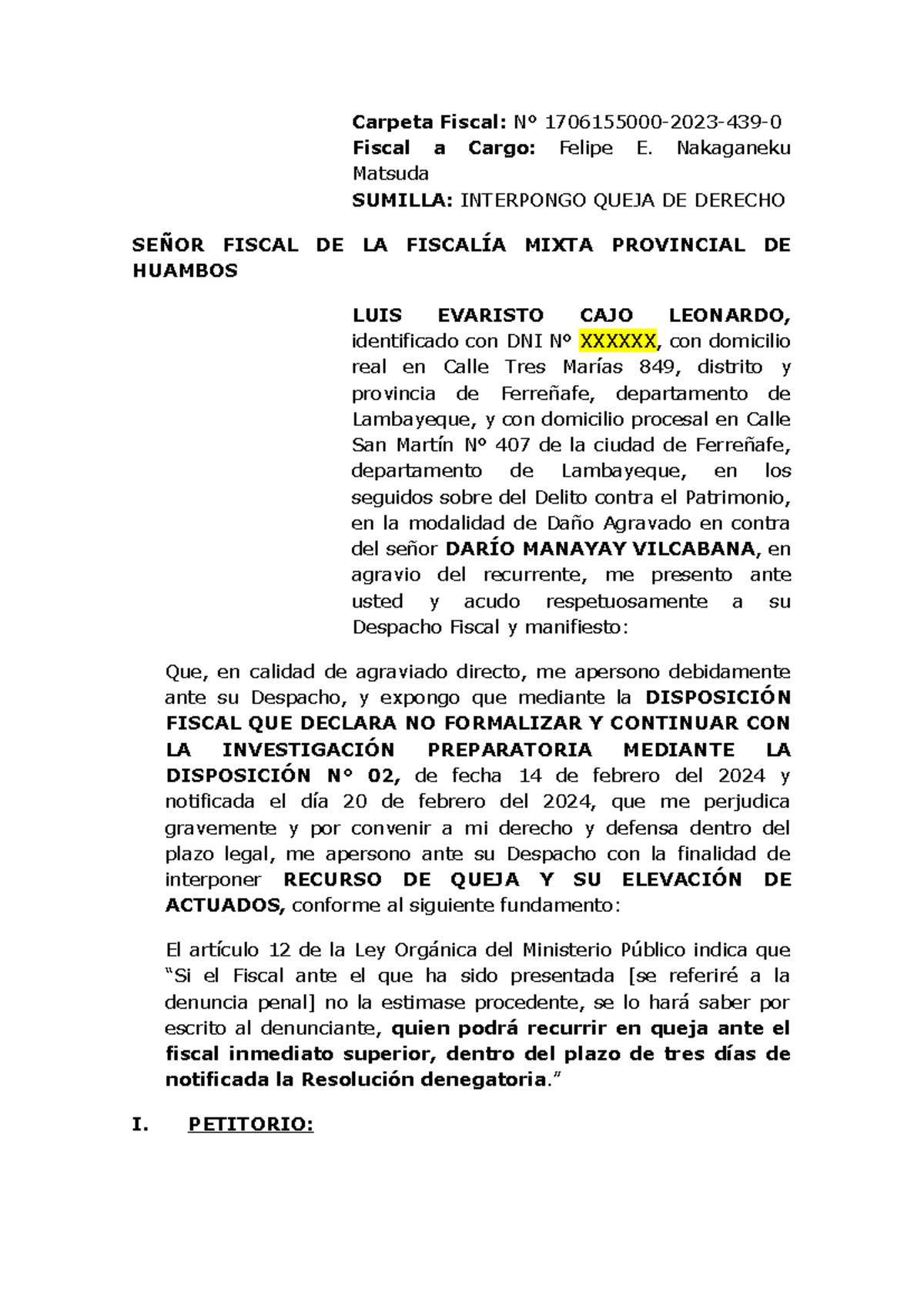 Queja De Derecho Delito De Daños Carpeta Fiscal N° 1706155000 2023