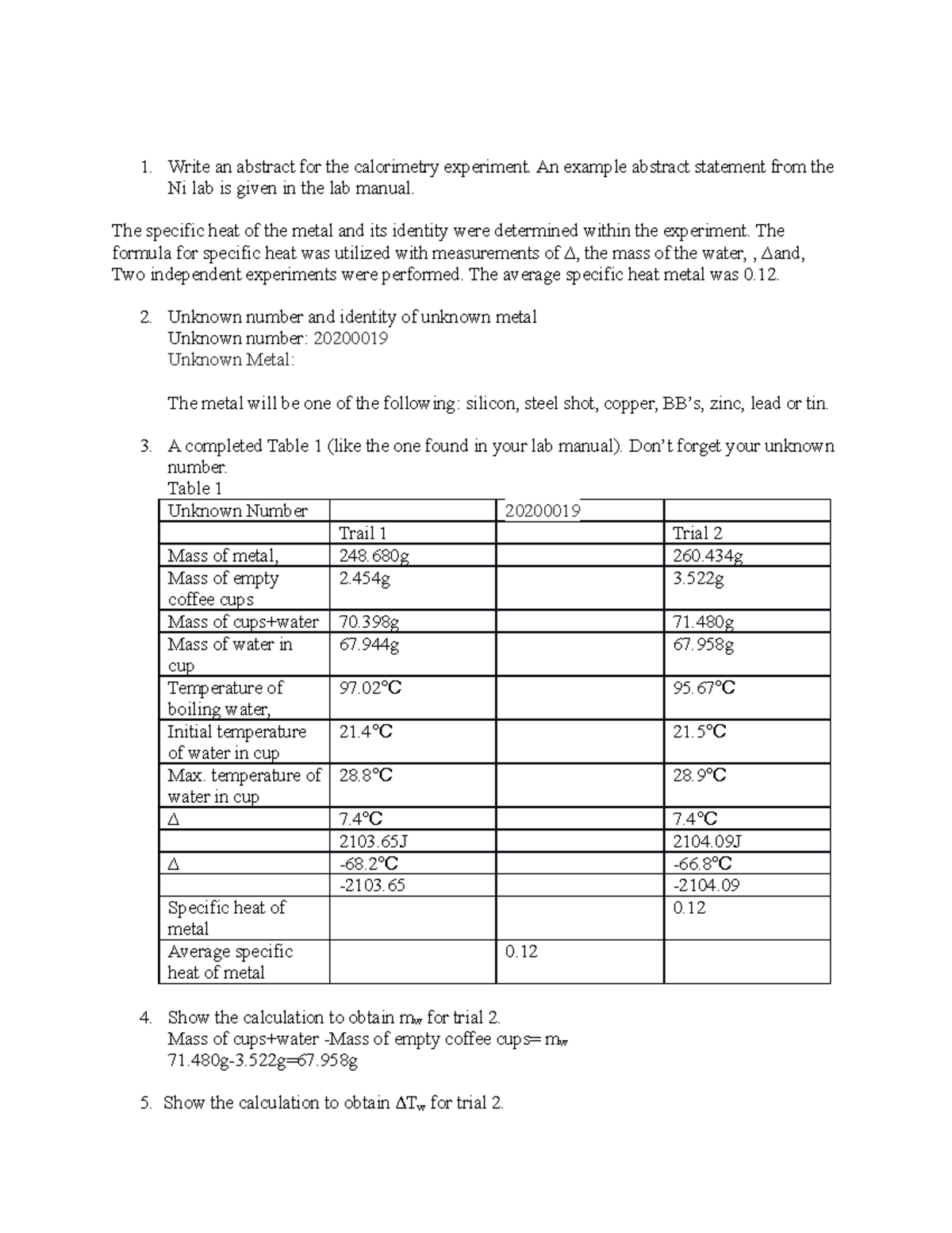 Calorimetry Lab Report Write An Abstract For The Calorimetry