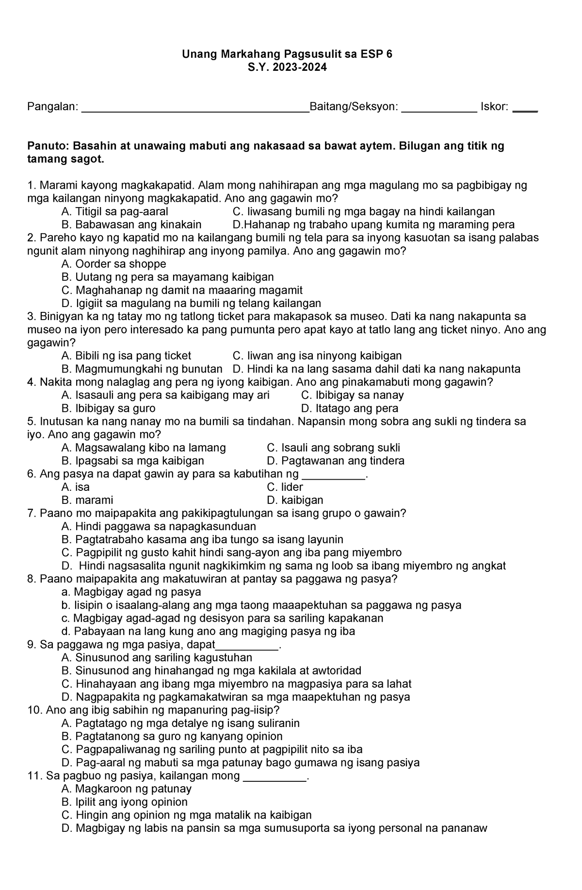 Esp Q1 Periodical Test Edukasyon Sa Pagpapakatao Unang Markahang