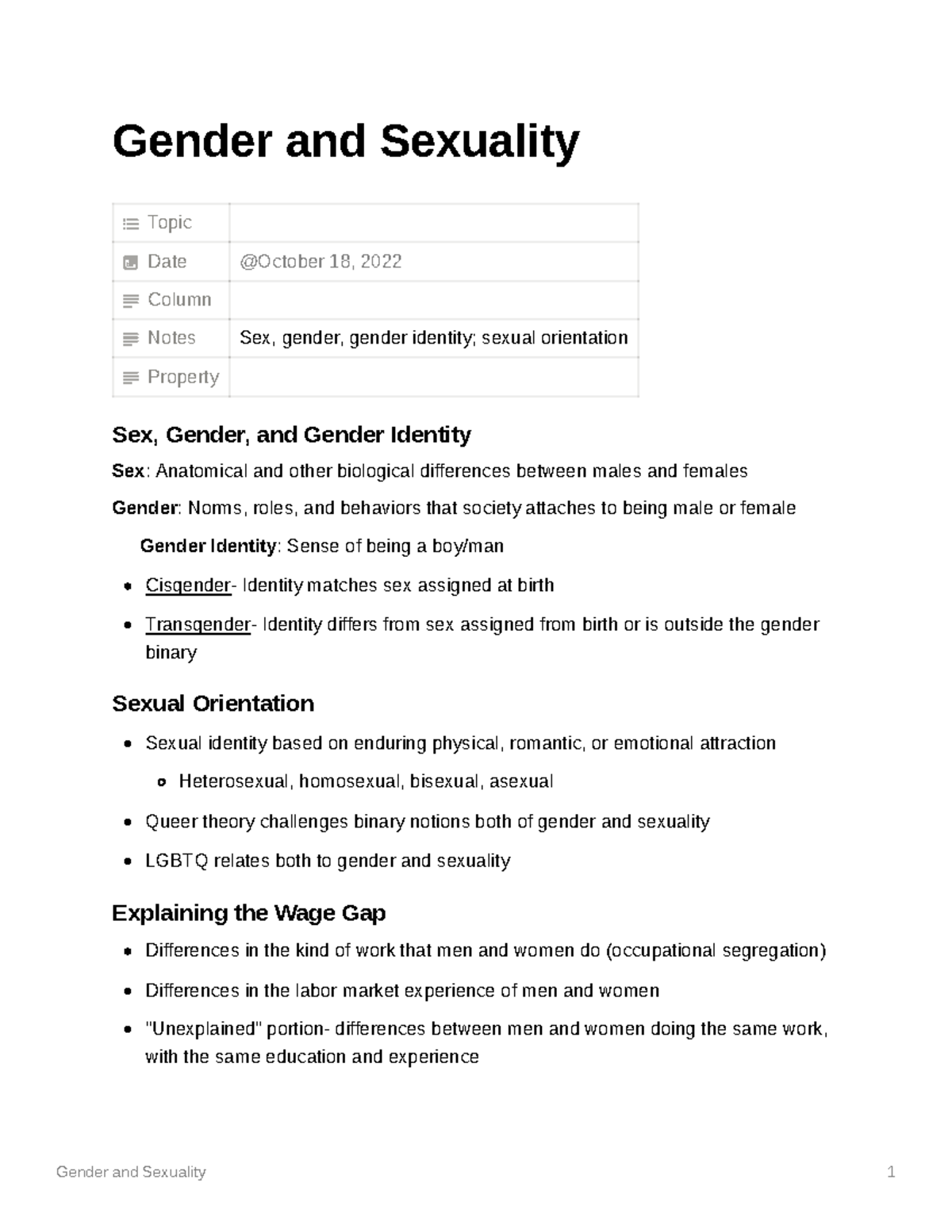 Gender And Sexuality Notes Gender And Sexuality 1 Gender And