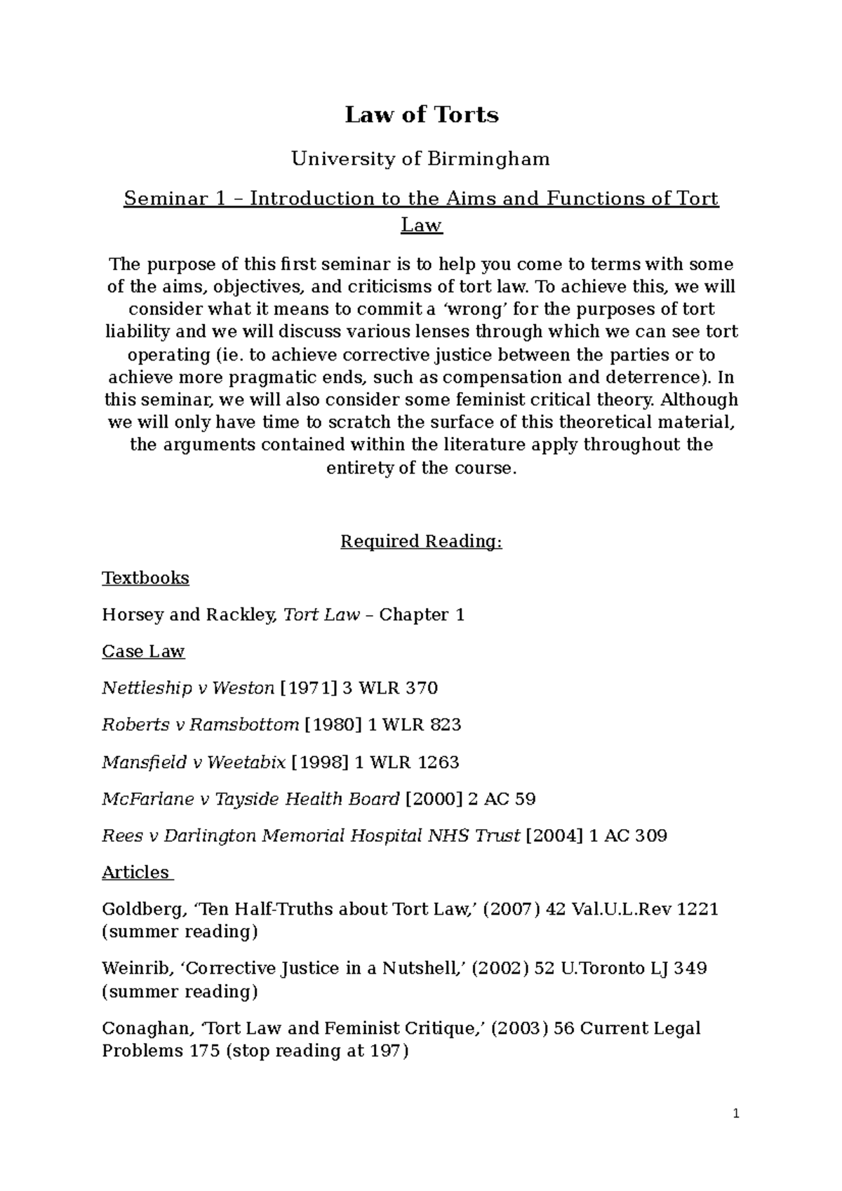 Seminar 1 Introduction Aims And Functions 19 20 Law Of Torts