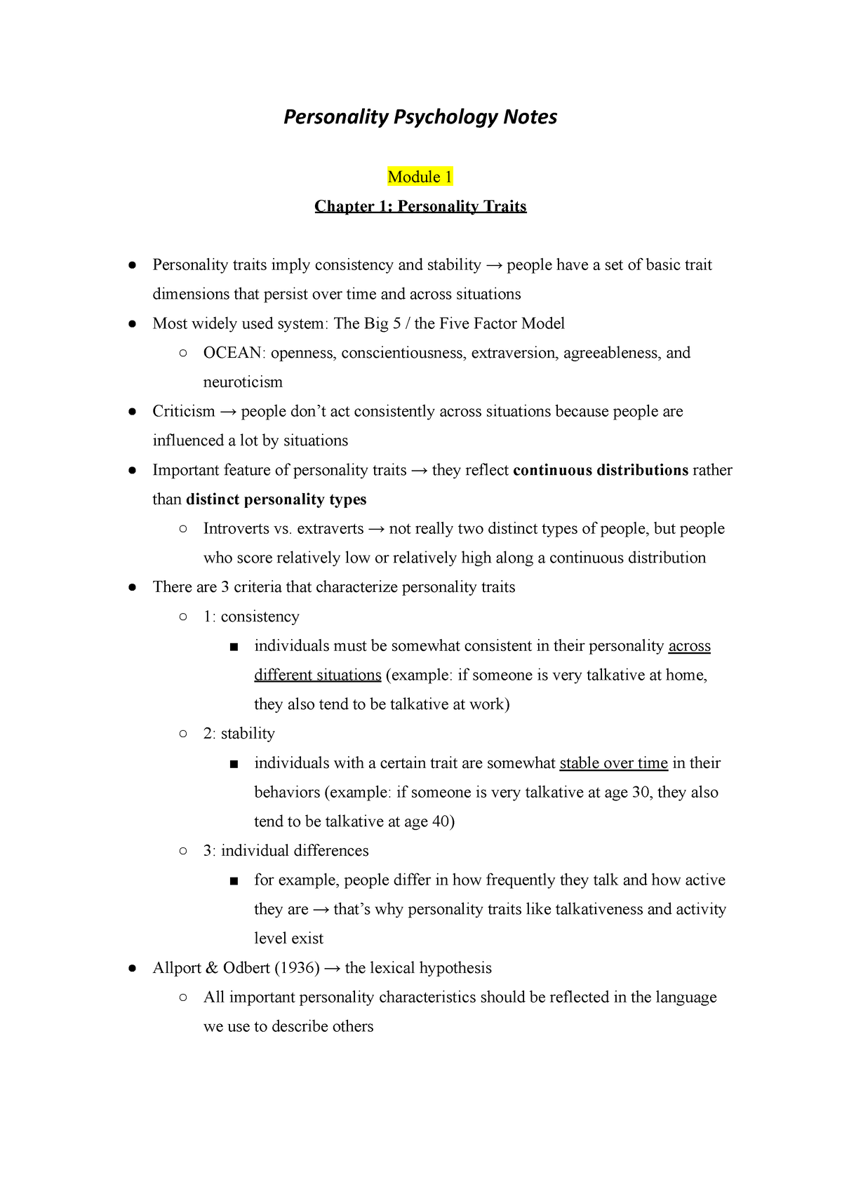 Personality Psychology Notes Personality Psychology Notes Module 1