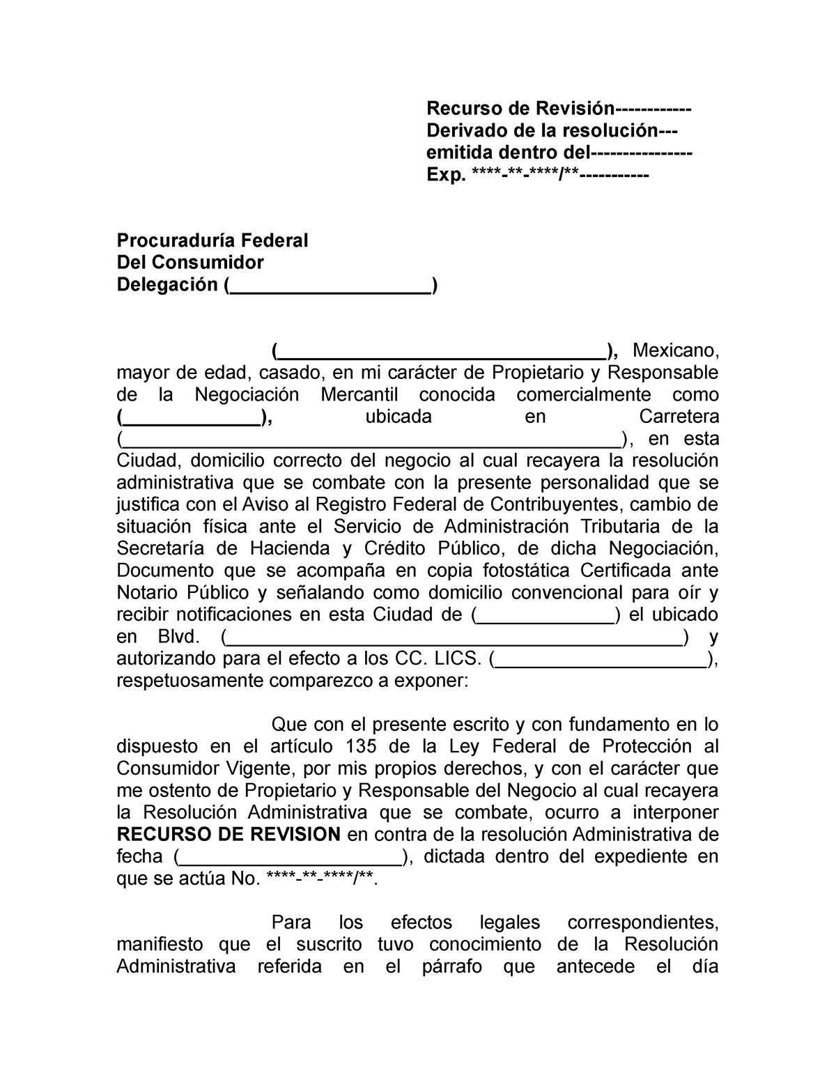 Recurso De Revisión Profeco Recurso De Revisión Derivado De La