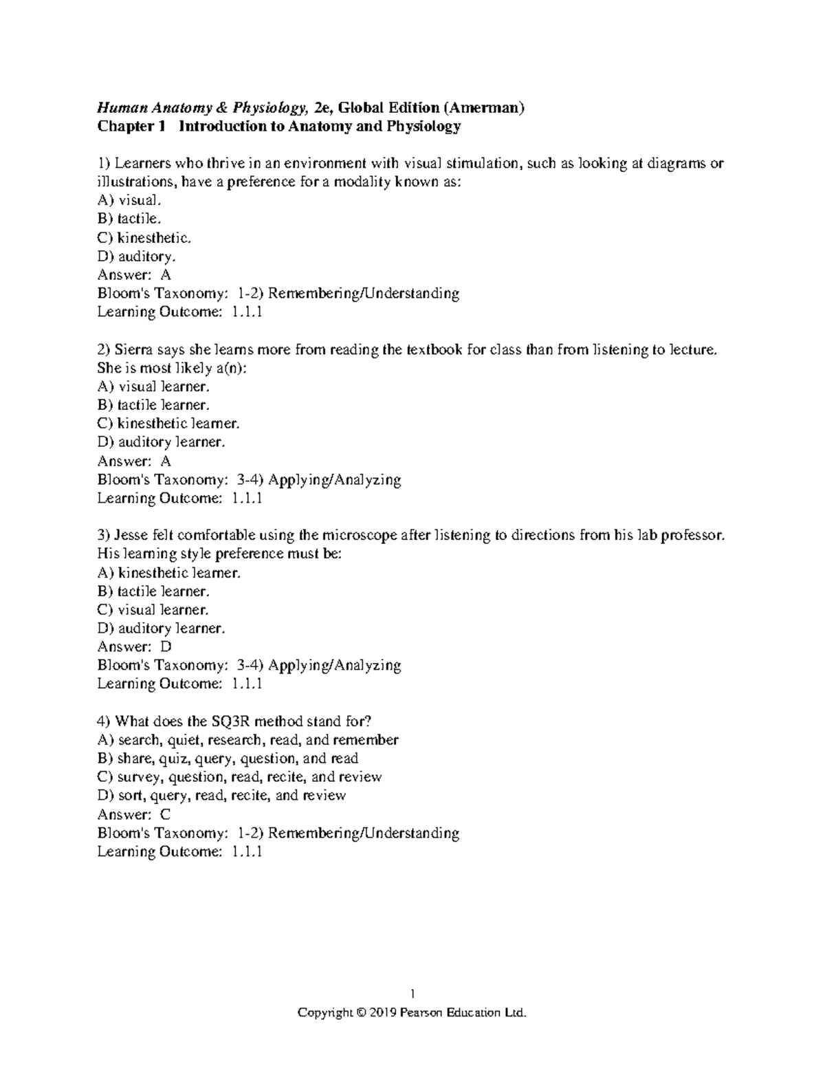 Ch 01 Test Bank Test Ban K Human Anatomy And Physiology 2e Global