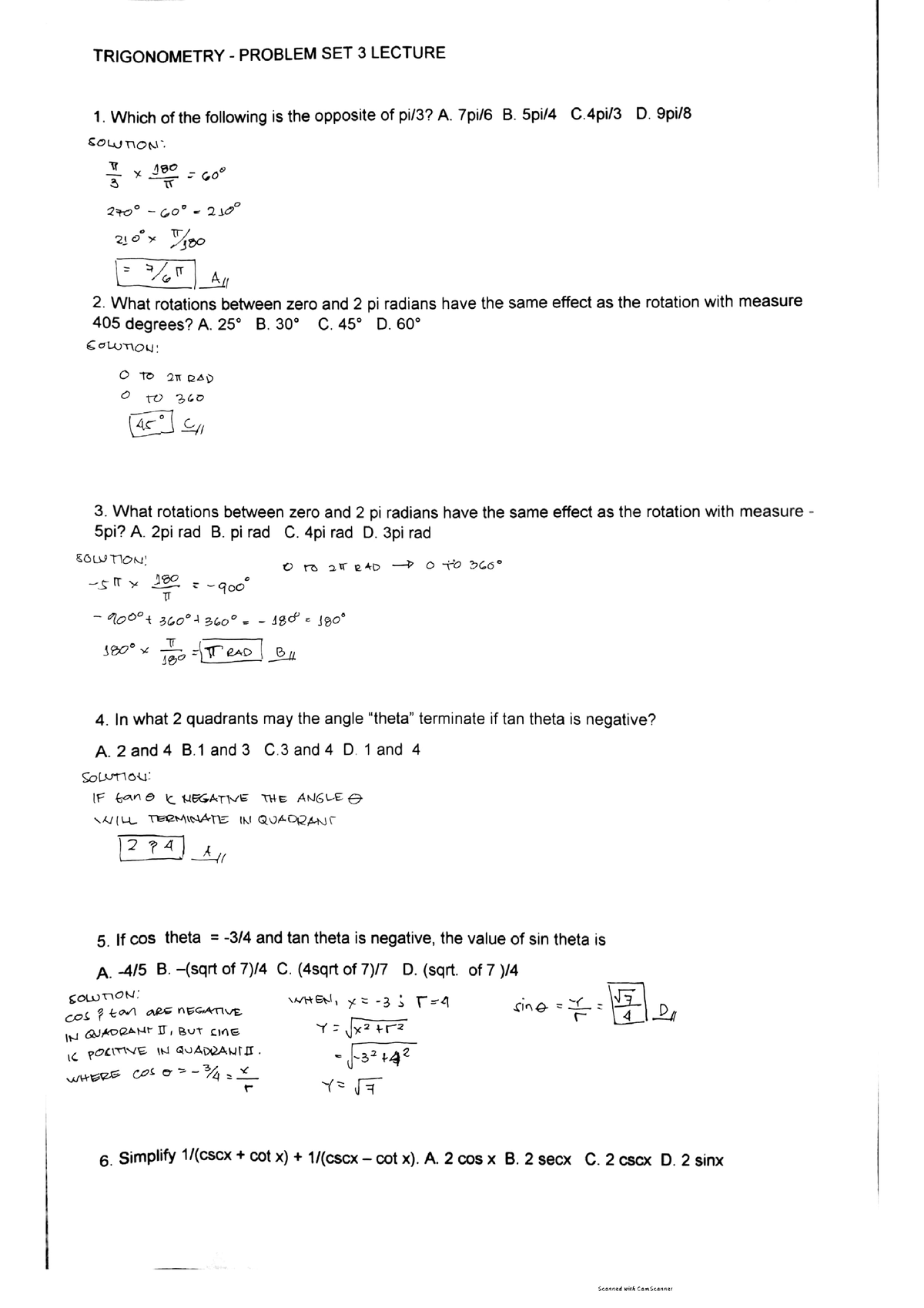 Trigonometry Problem Set Lecture 3 Bs Electrical Engineering Nvsu