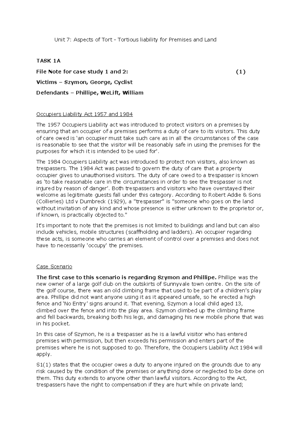 Unit 7 Assignment Part 1 A And B Unit 7 Aspects Of Tort Tortious