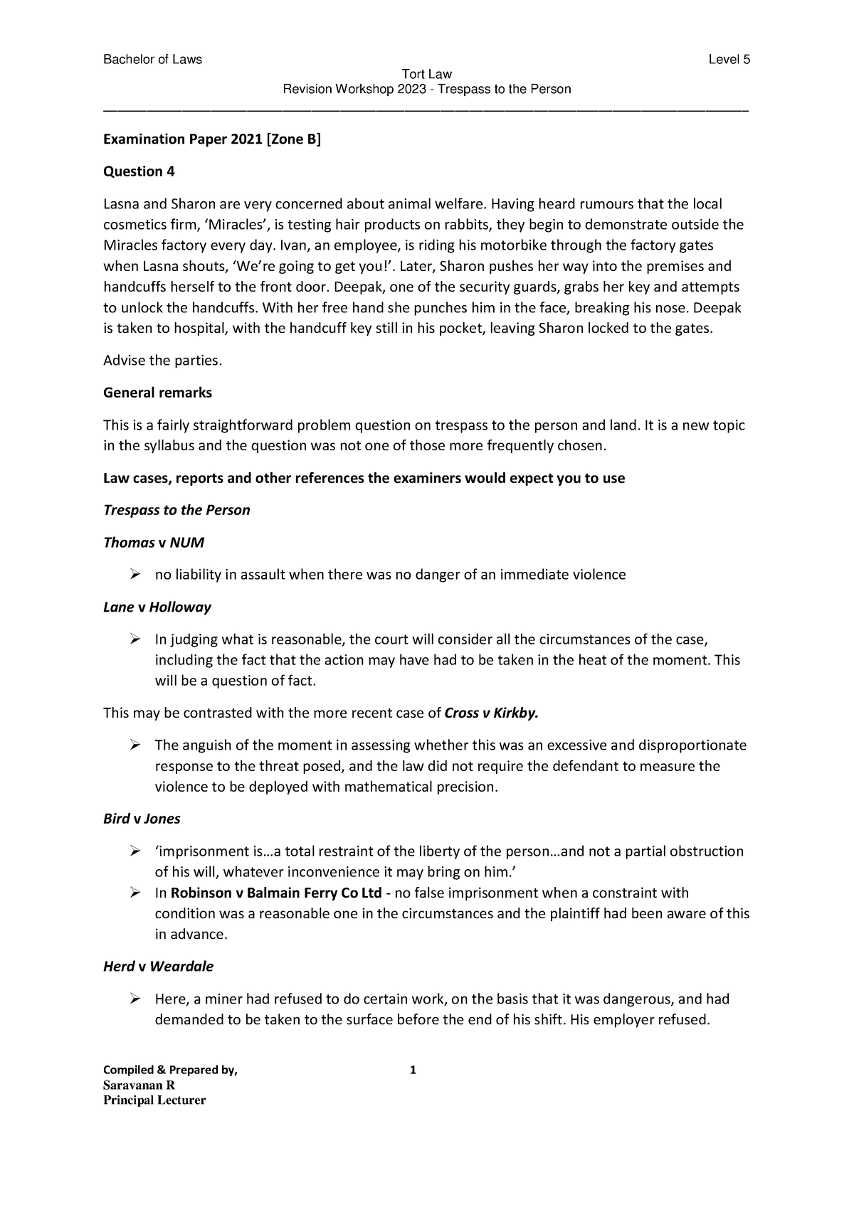 Revision 2023 Trespass To The Person Tort Law Revision Workshop