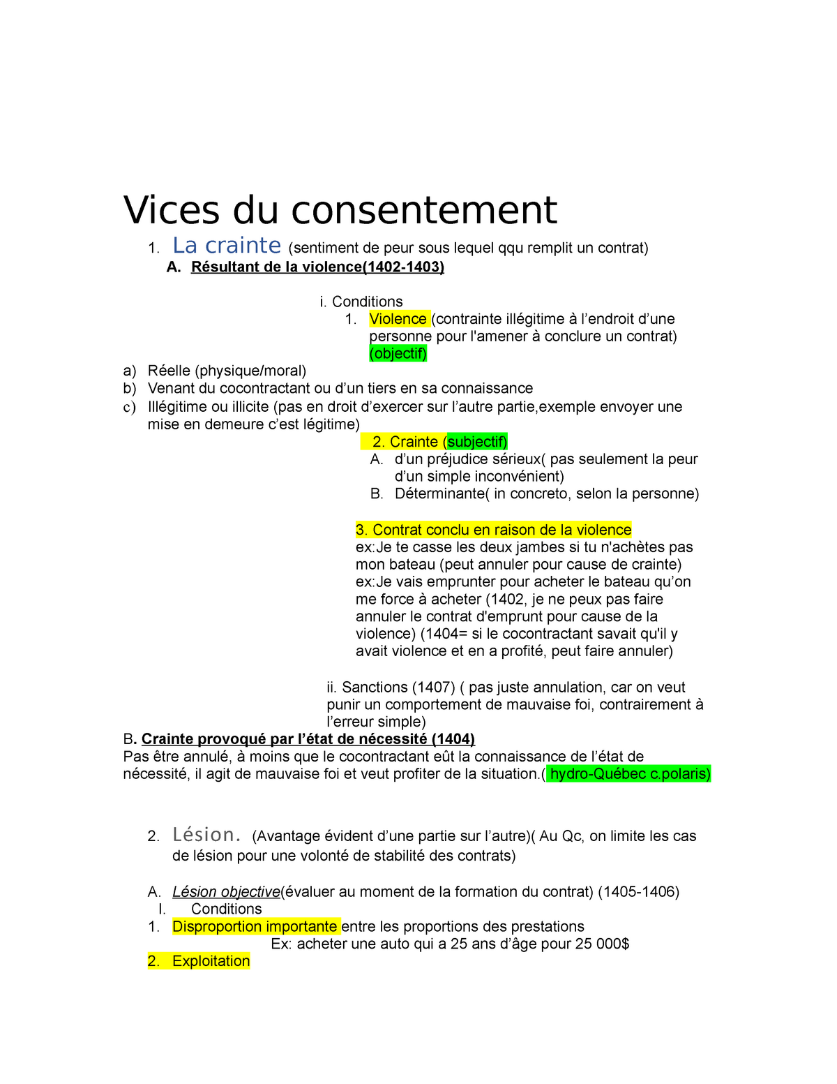 Vices Du Consentement Notes De Cours 4 5 Vices Du Consentement 1