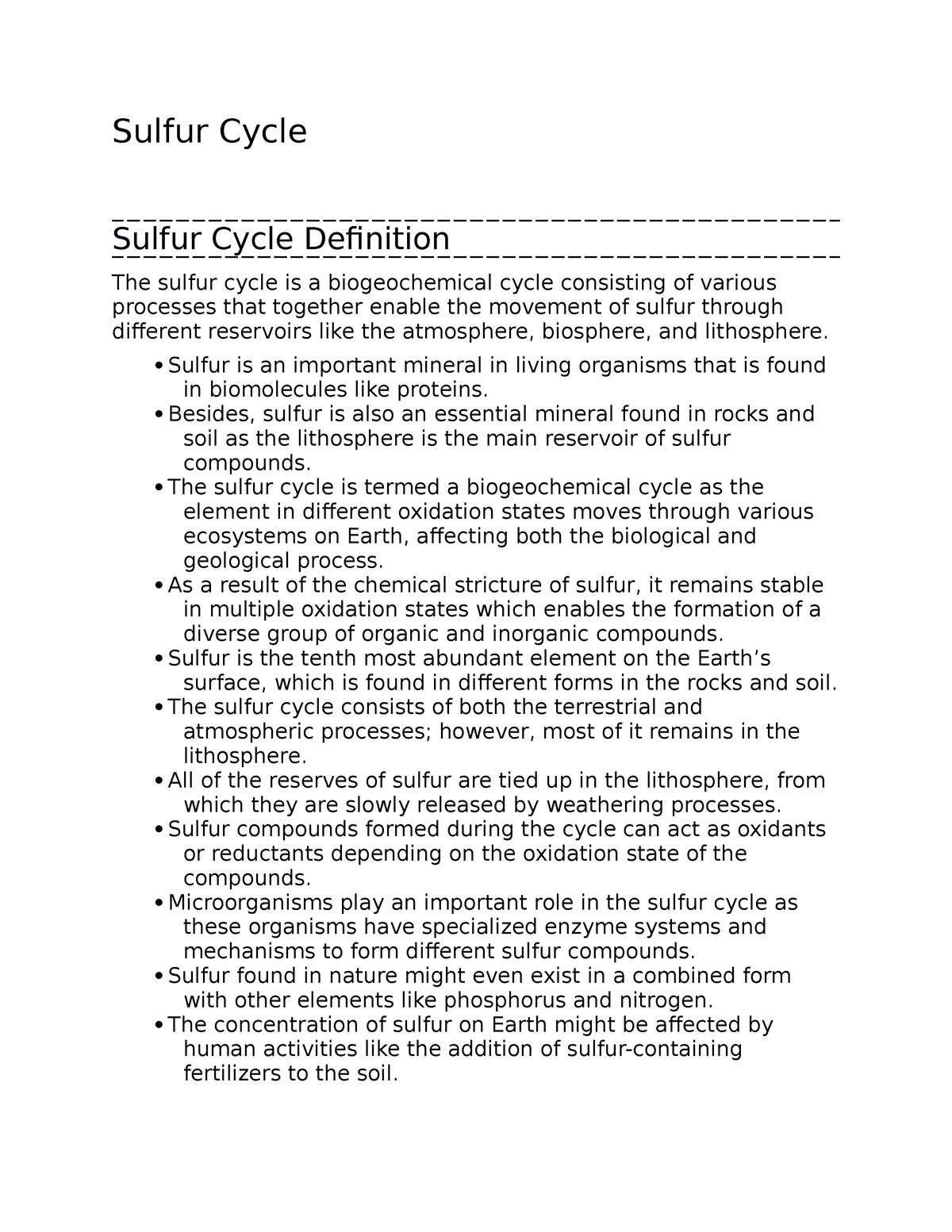 Sulfur Cycle Notes Sulfur Cycle Sulfur Cycle Definition The Sulfur