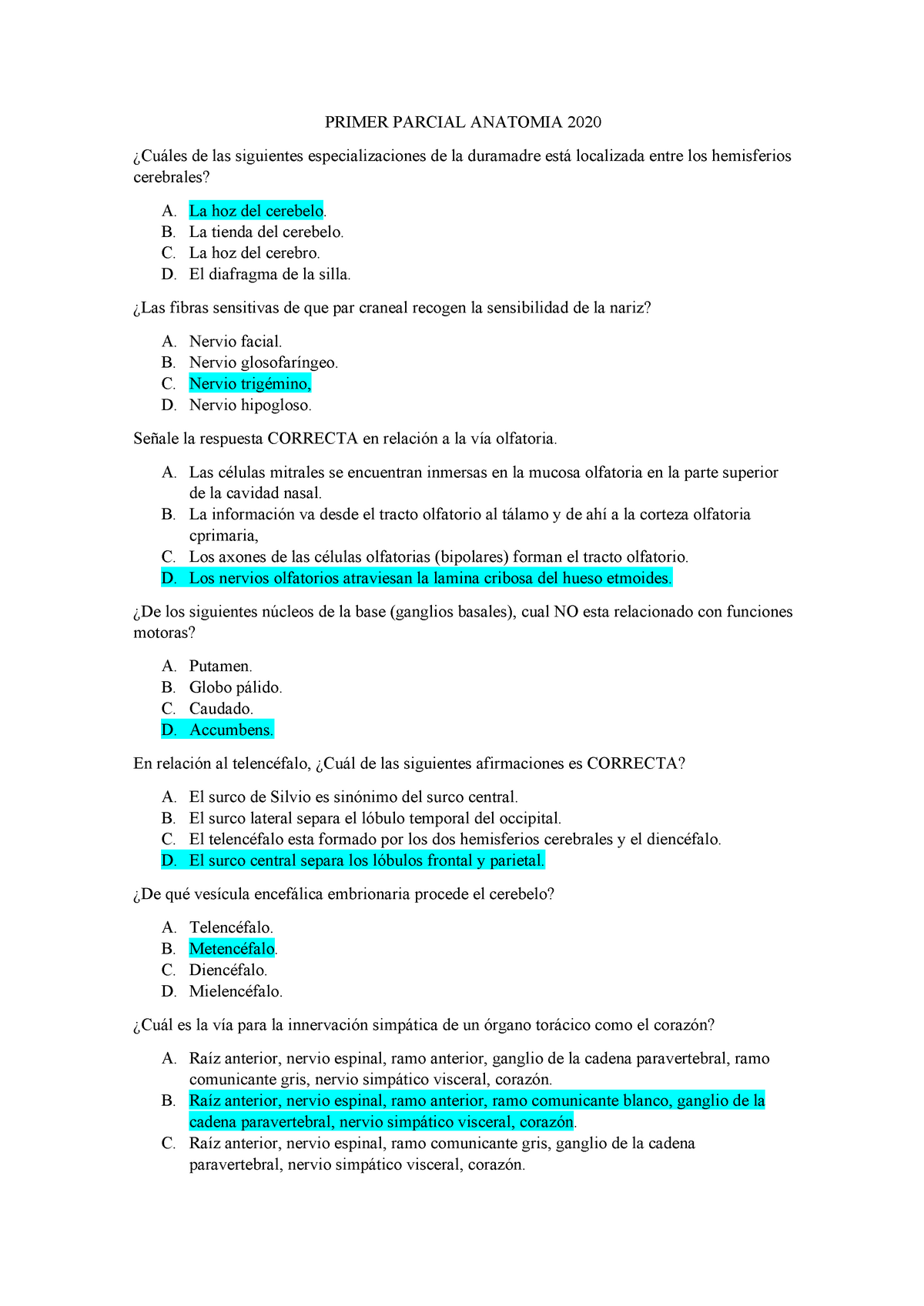 Examen Resuelto Primer Parcial Primer Parcial Anatomia 2020 ¿cuáles