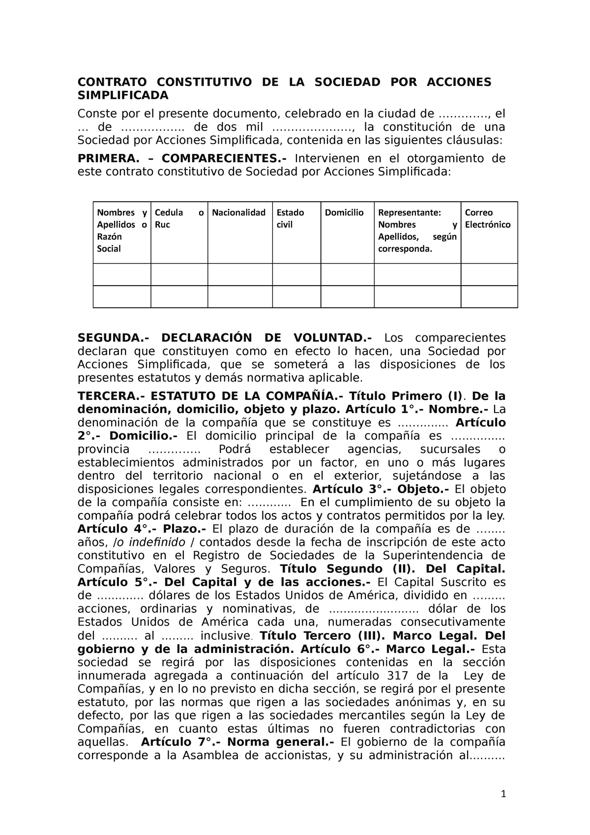 Modelo Contrato Constitutivo Sas Contrato Constitutivo De La Sociedad