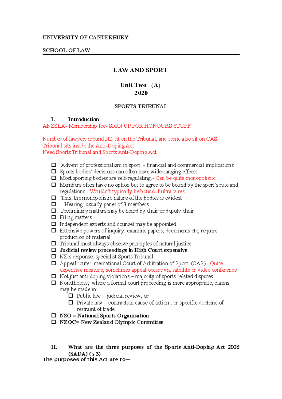 Full Notes For Unit 2a Sports Tribunal University Of Canterbury