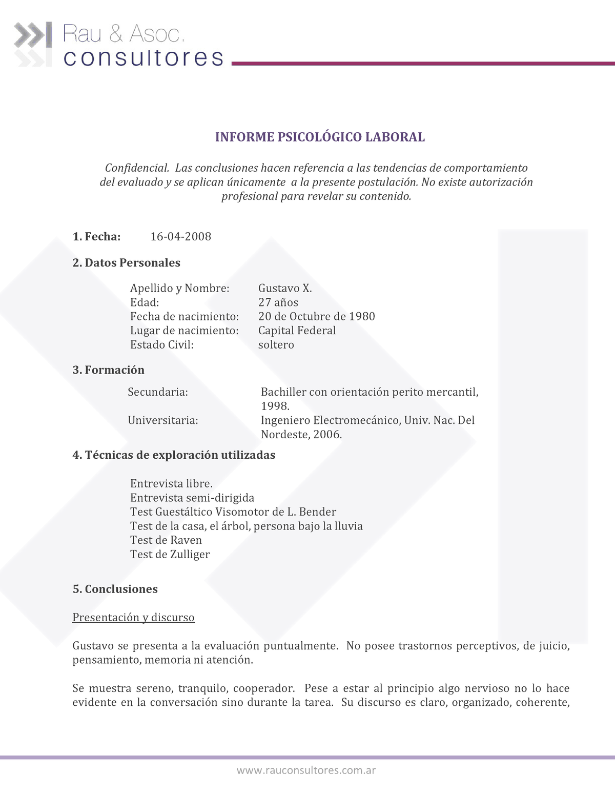 Modelo Informe Psicolaboral Informe PsicolÓgico Laboral Confidencial