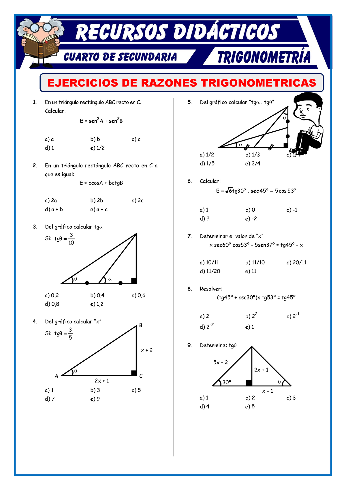 Ejercicios De Razones Trigonométricas Para Cuarto De Secundaria