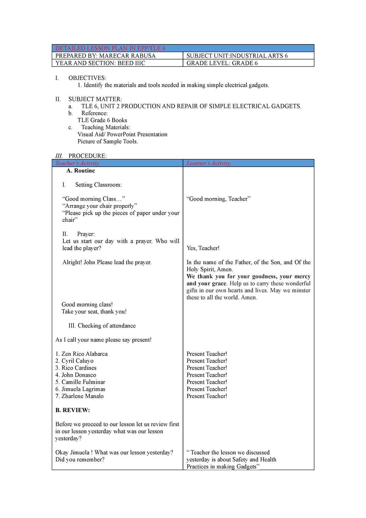 Detailed Lesson Plan In Epp Detailed Lesson Plan In Epptle 6