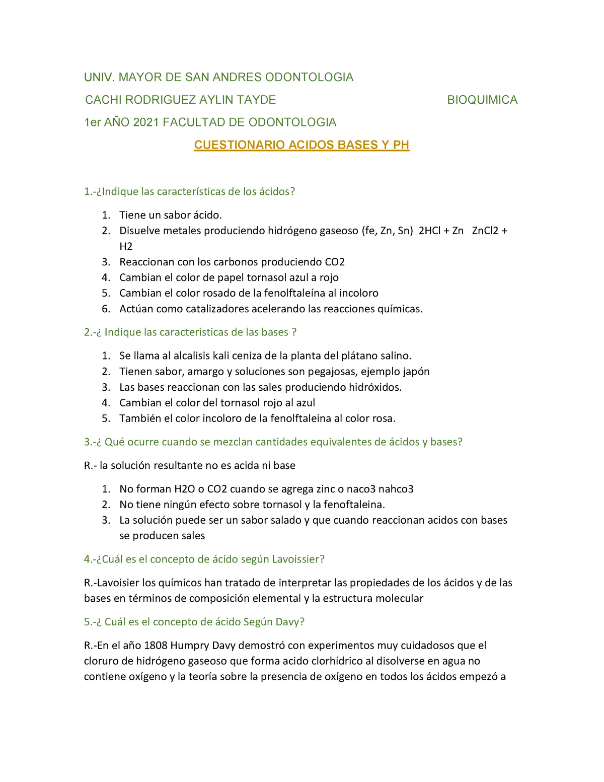 Cuestionario Numero Bioquimica Acidos Y Bases Ph Univ Mayor De San My