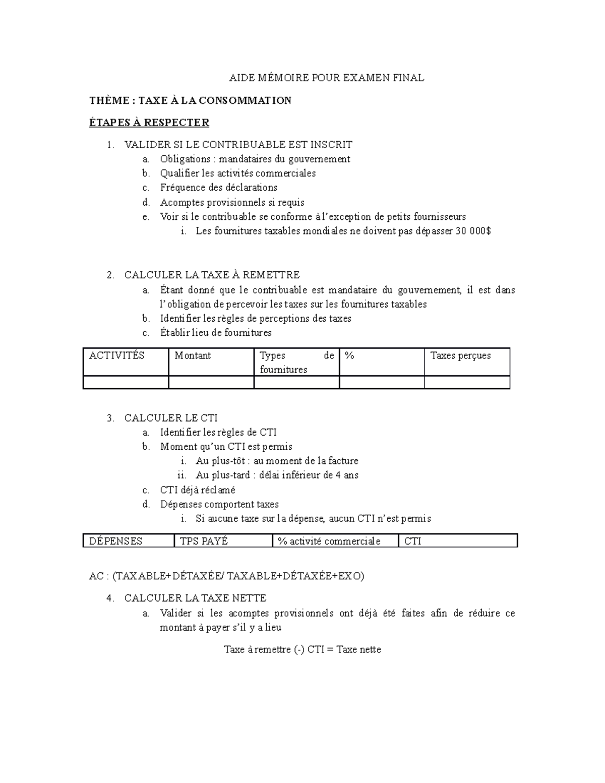 Examen Final Résumé Fiscalité Ii Aide MÉmoire Pour Examen Final