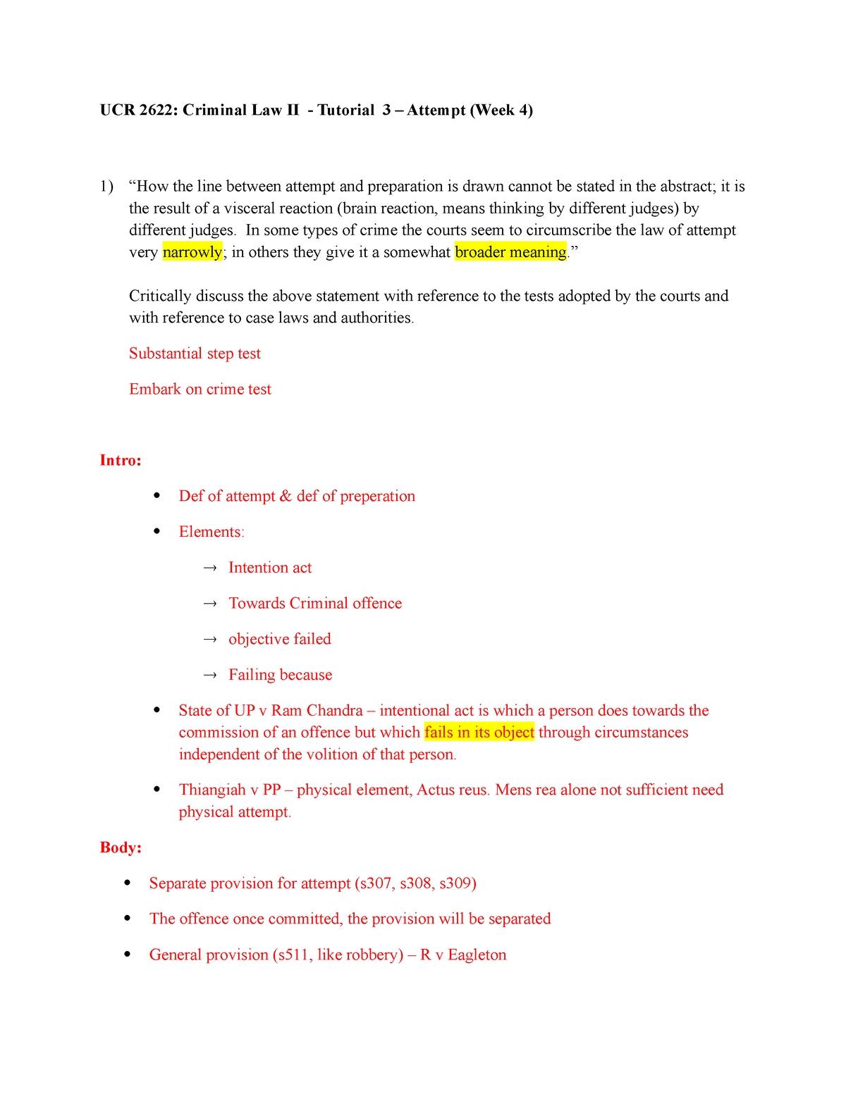 Tutorial 3 Criminal Law Ucr 2622 Criminal Law Ii Tutorial 3