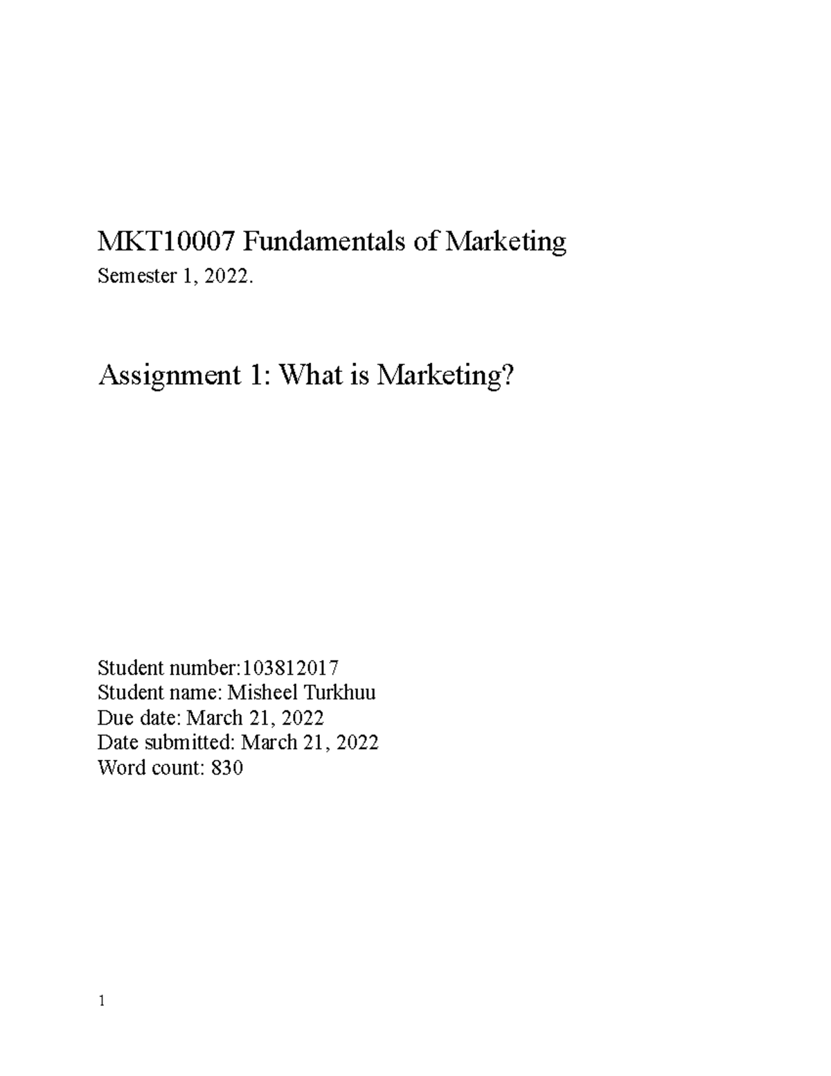 Assignment 1 Fundamentals Of Marketig Mkt10007 Fundamentals Of