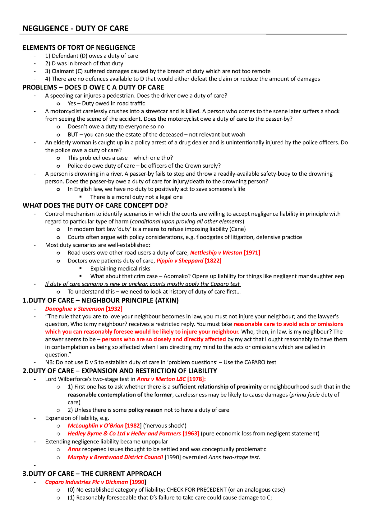 2 Tort Law And Negligence And Duty Of Care Negligence Duty Of Care