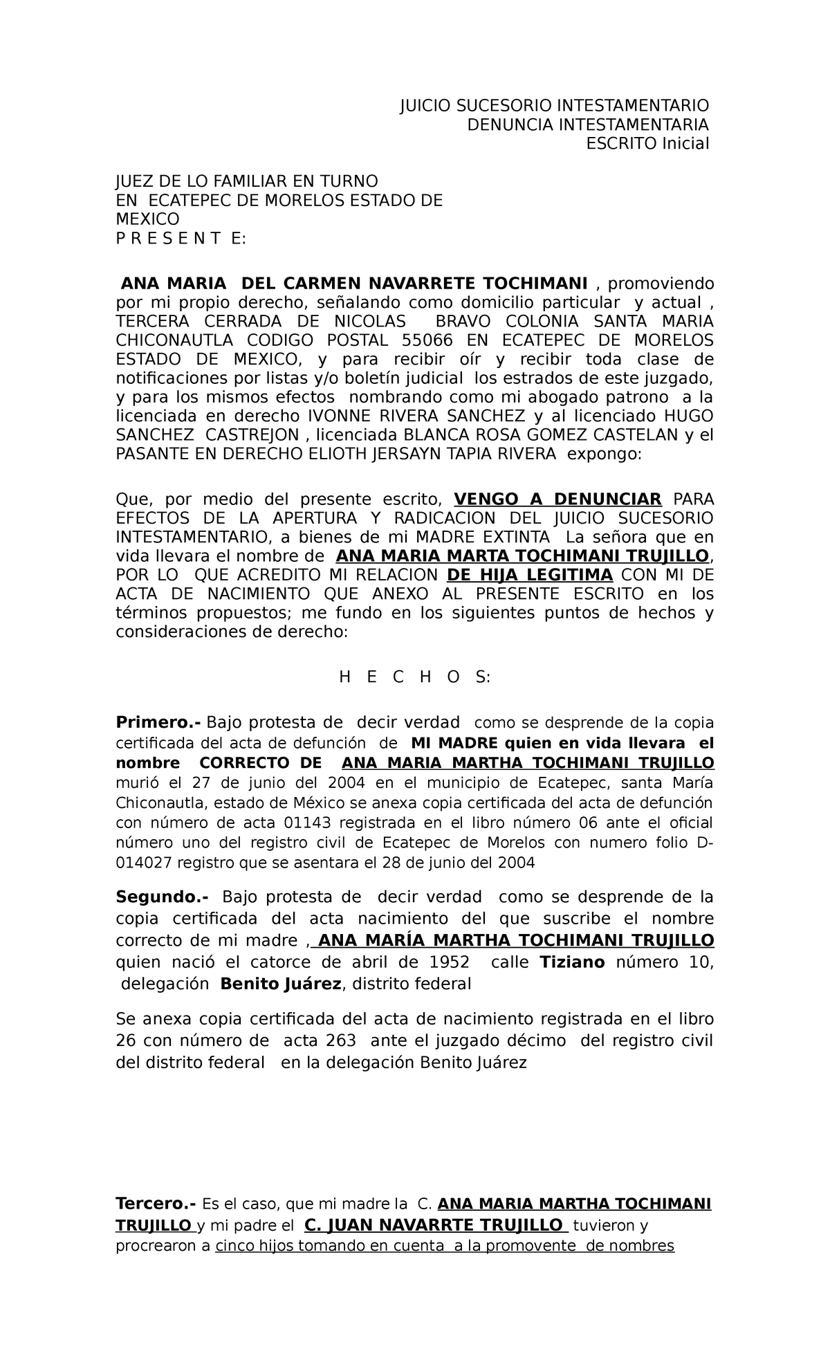 Modelo De Escrito Inicial De Juicio Sucesorio Intestamentario Pdmrea