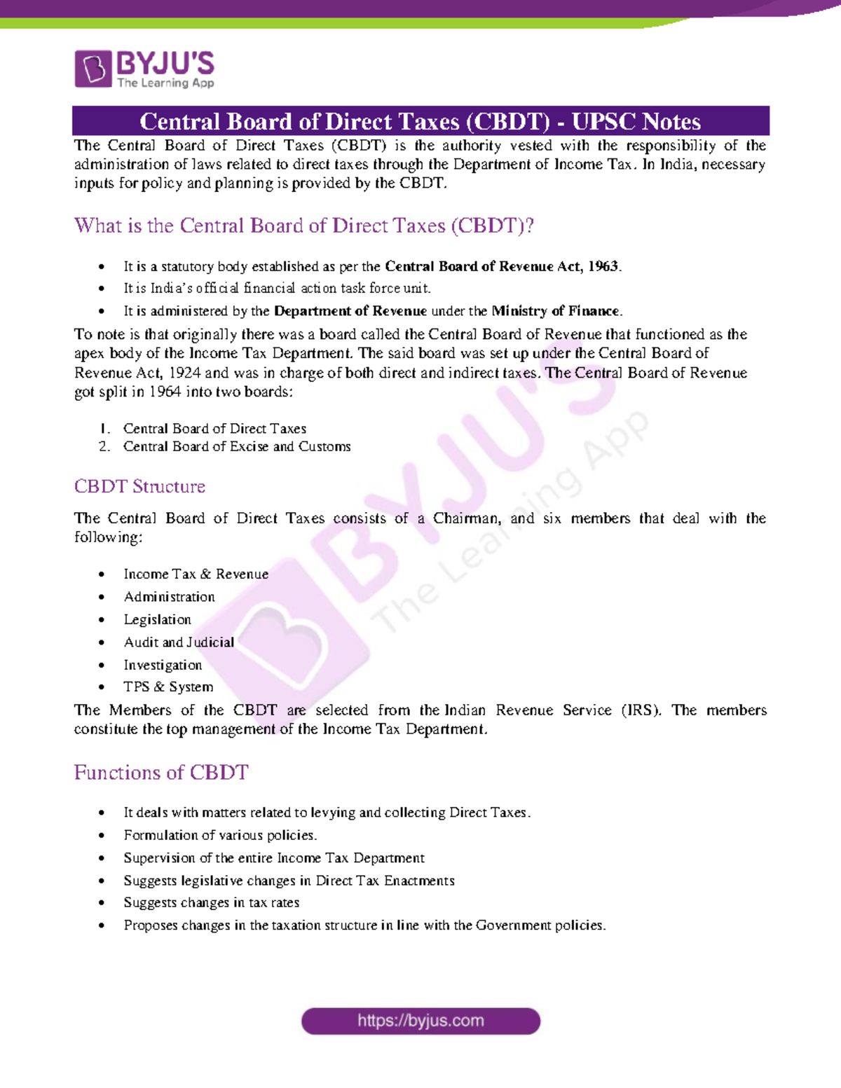 Central Board Of Taxes Cbdt Upsc Notes Central Board Of Direct Taxes